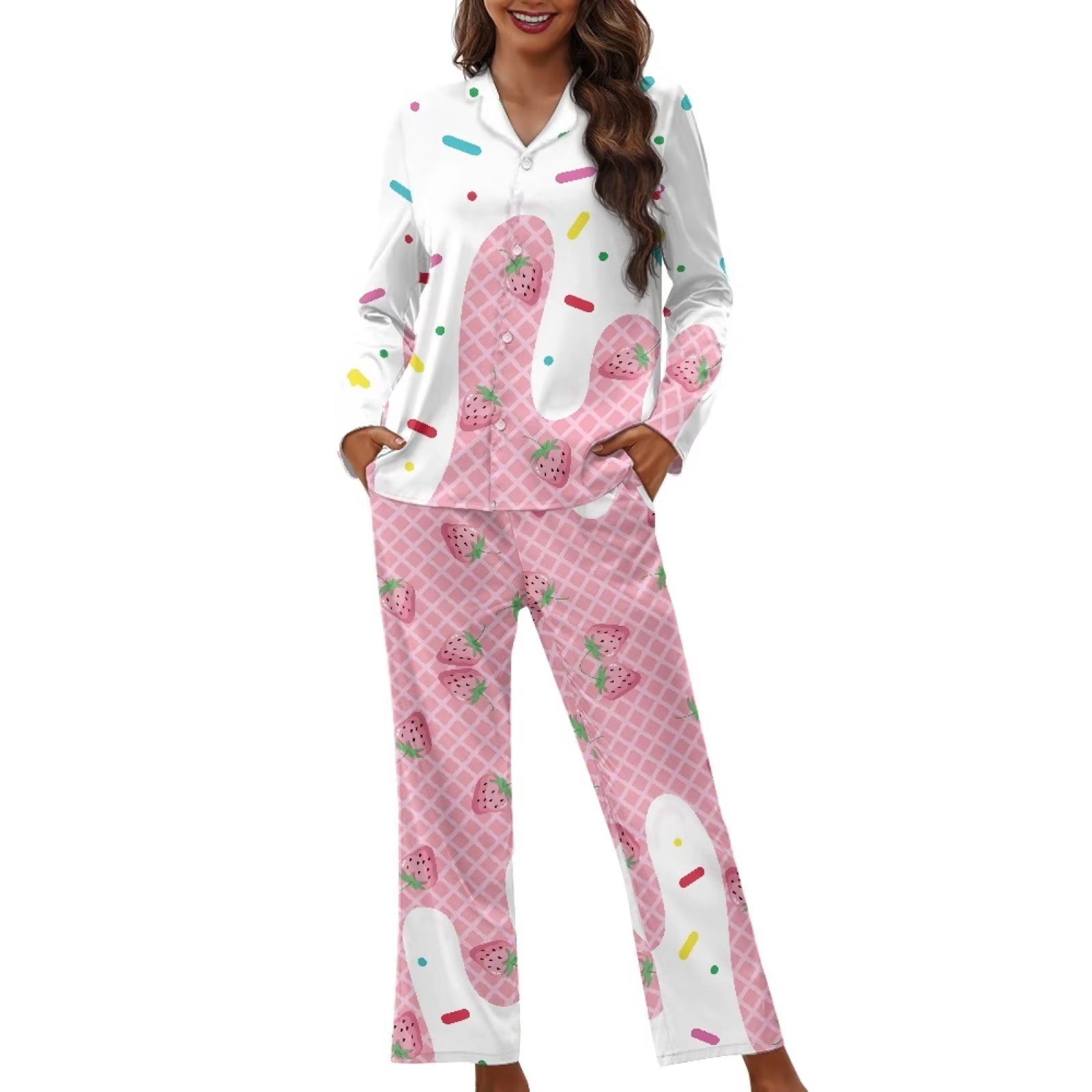 Renewold Strawberry Graphic Winter Pajamas for Women Thermal Button Pjs ...
