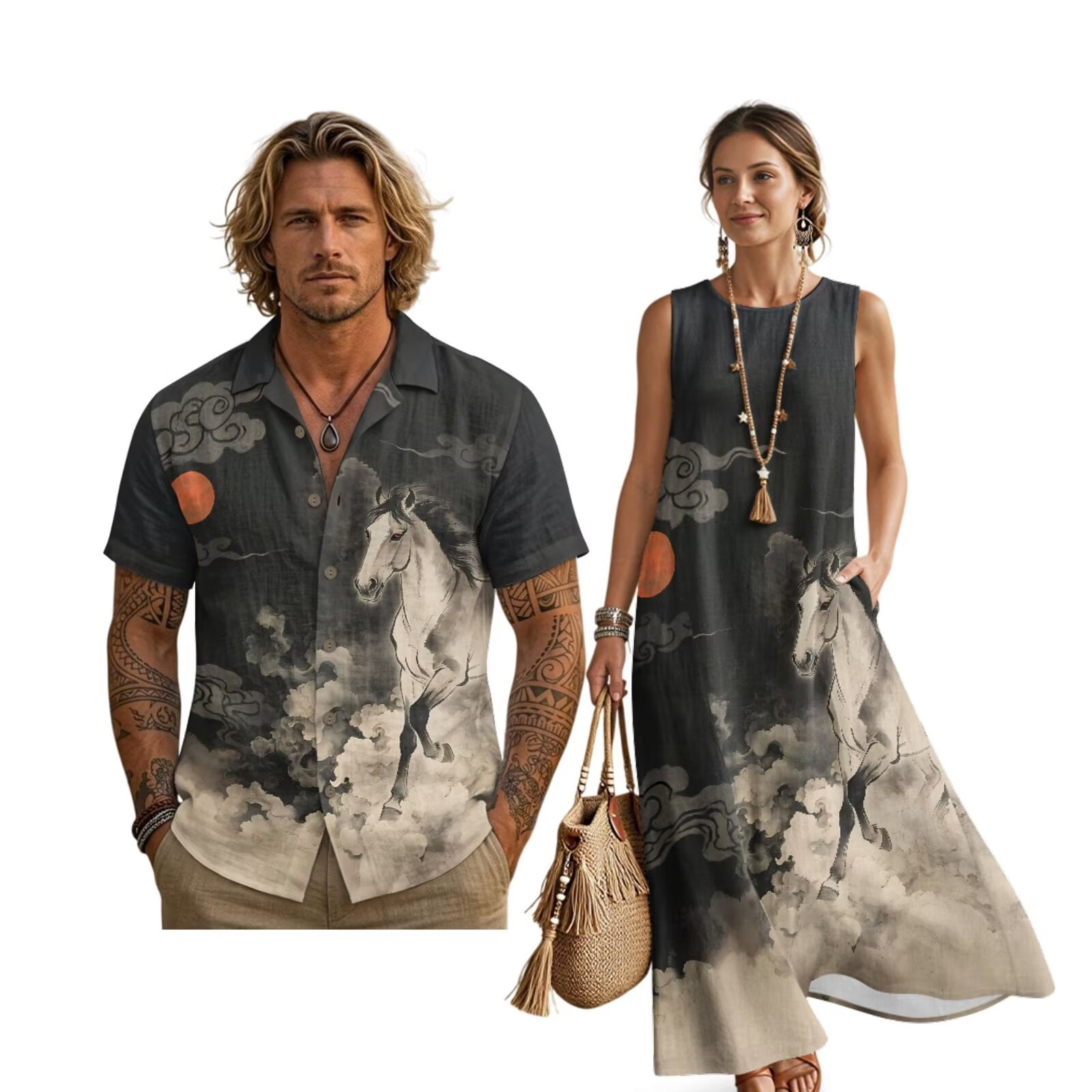 Renewold Summer Dress and Men Short Sleeve Shirt Asian Aesthetic Couple ...