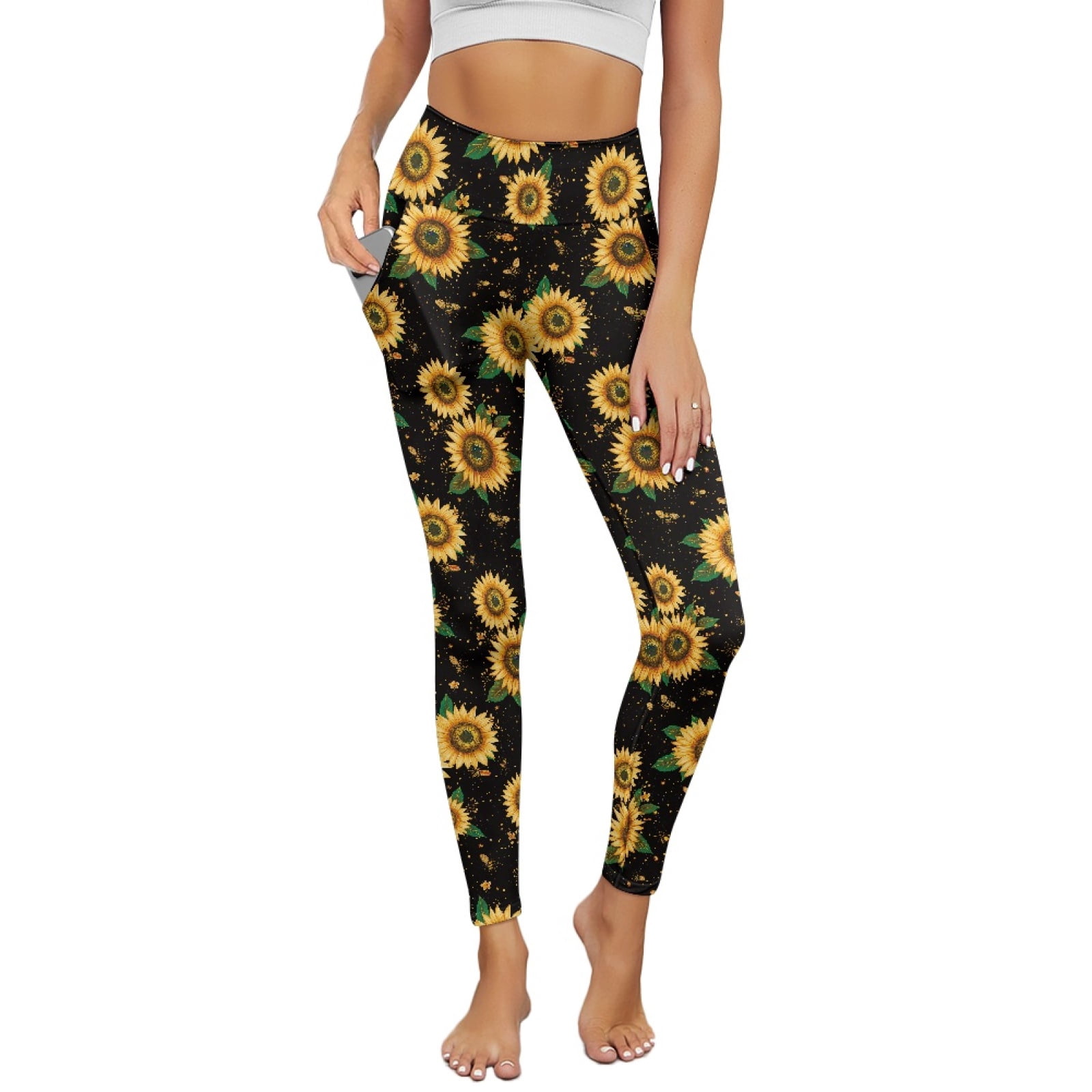 Renewold Sunflower Black Yoga Leggings for Women with Pockets Stretchy ...