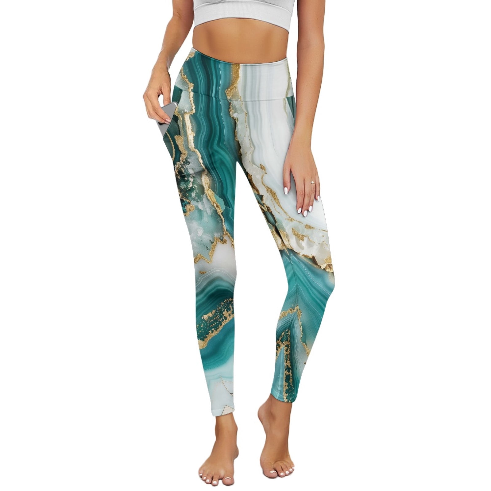 Renewold Teal Gold Marble Leggings for Women with Pockets Running Pants ...