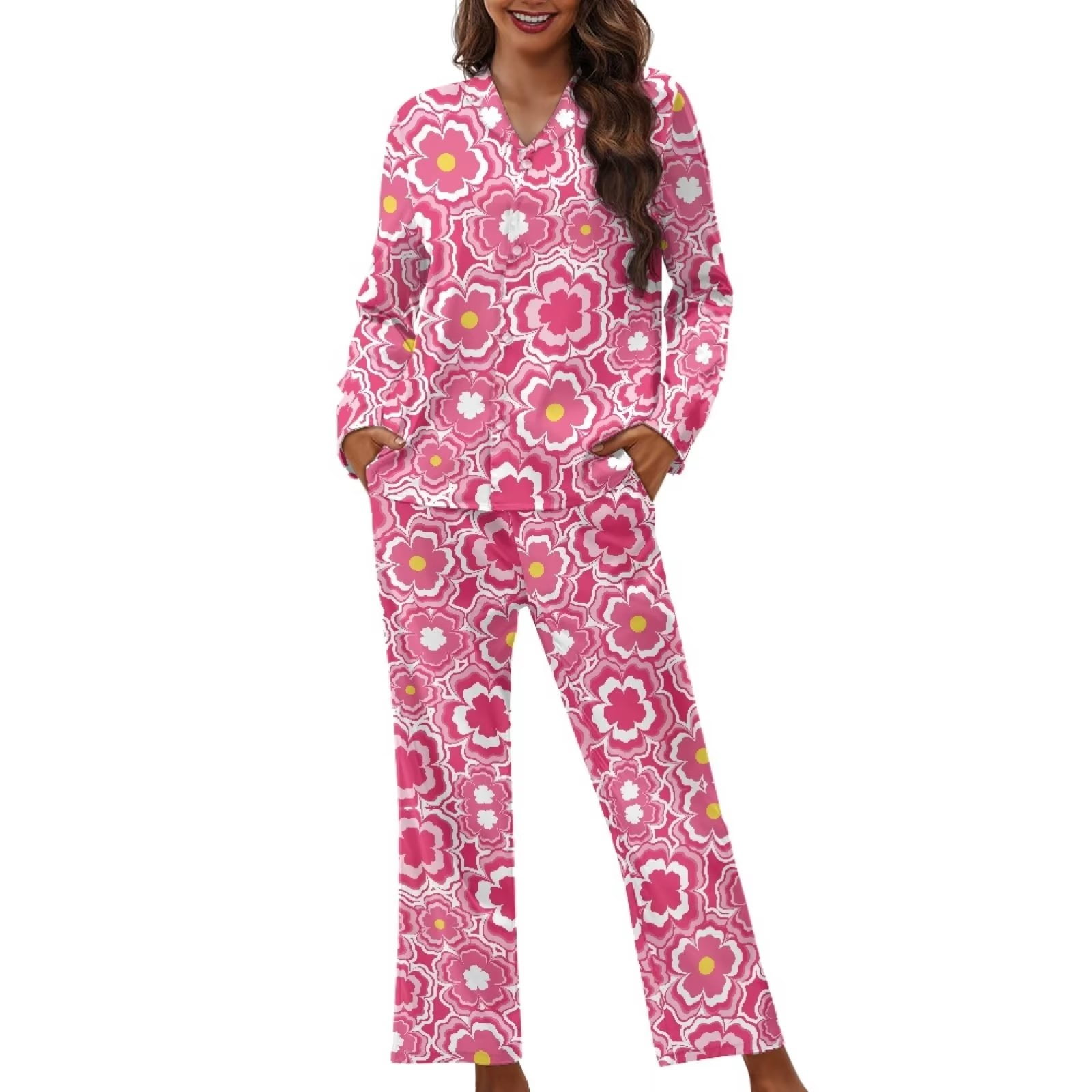 Renewold Trendy Pink Flowers Button Pajamas Set of 2 Women Thermal ...