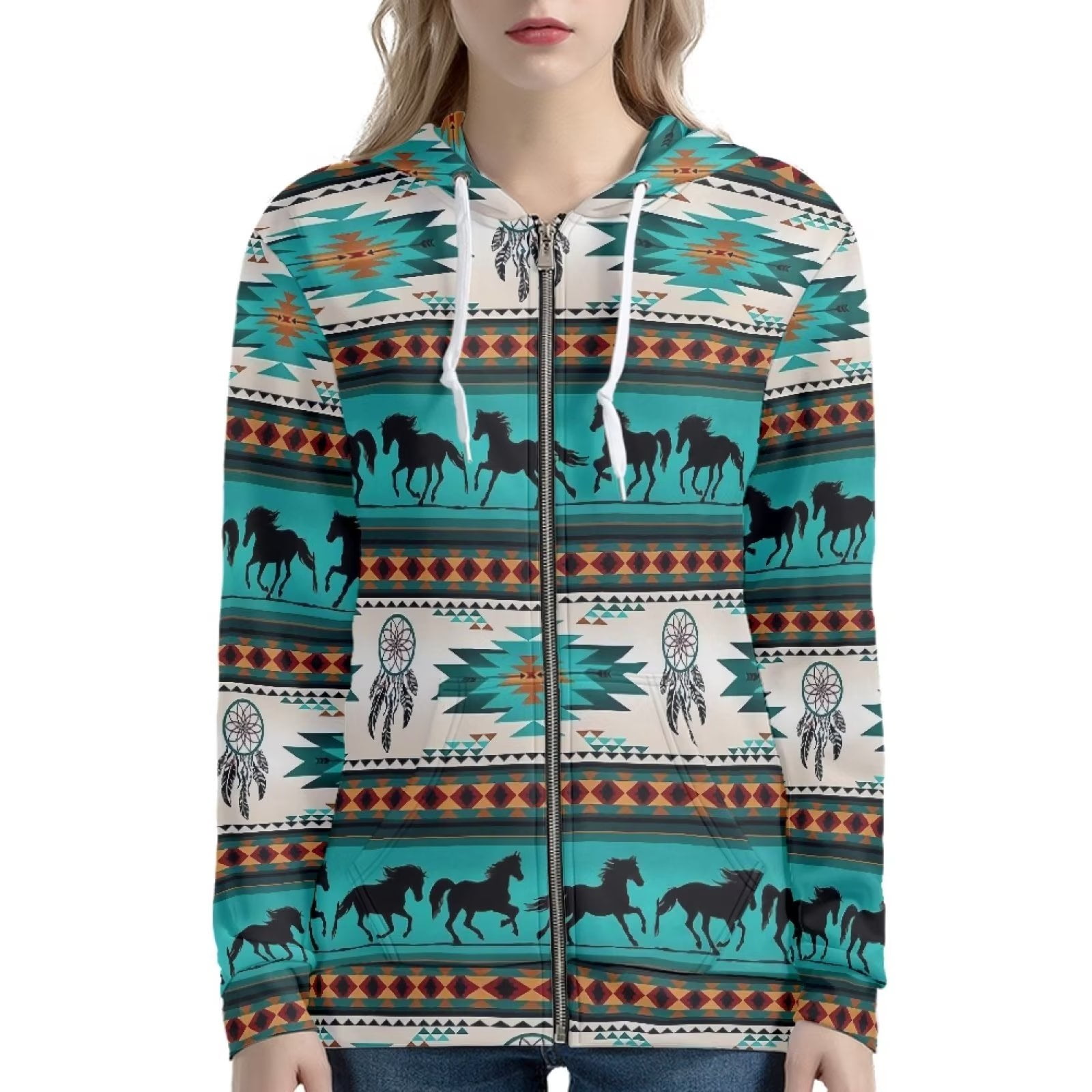 Renewold Vintage Southwestern Native Aztec Horses Print Zipper Hoodies ...