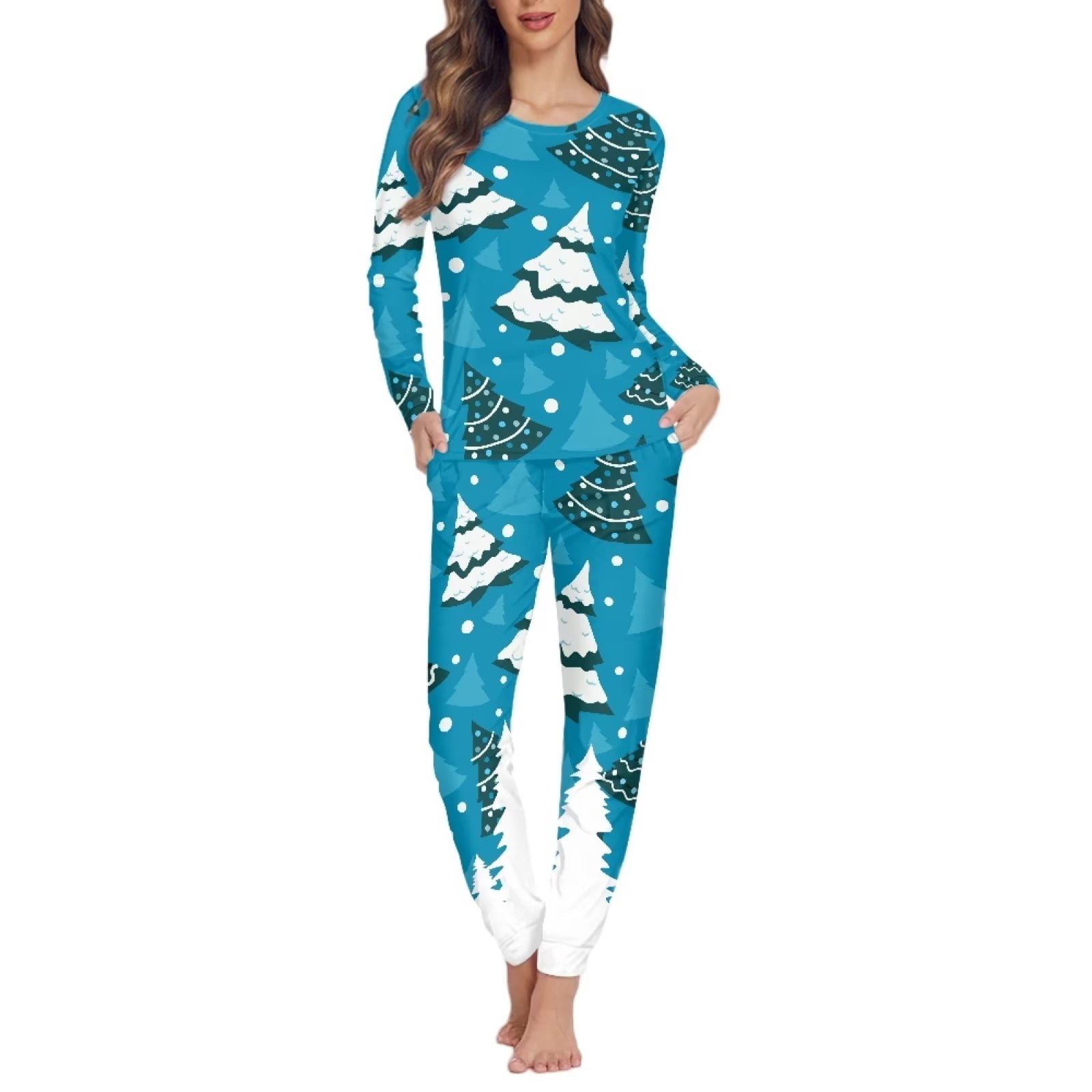 Renewold Winter Snow Pajama Set for Women Xmas Trees Print Fall ...