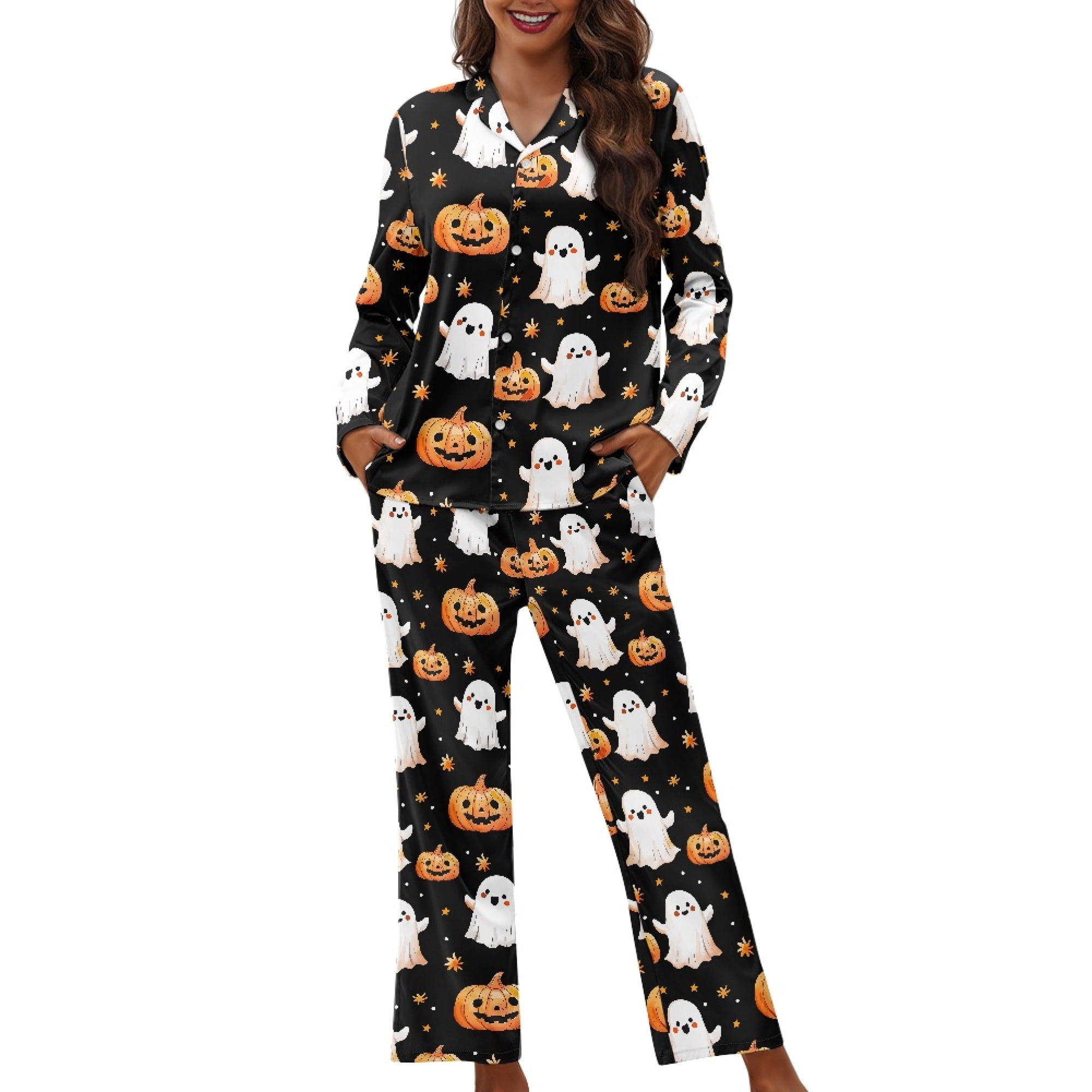 Renewold Womens Halloween Pajamas Ghost Pumpkins Nightwear Size M Long ...