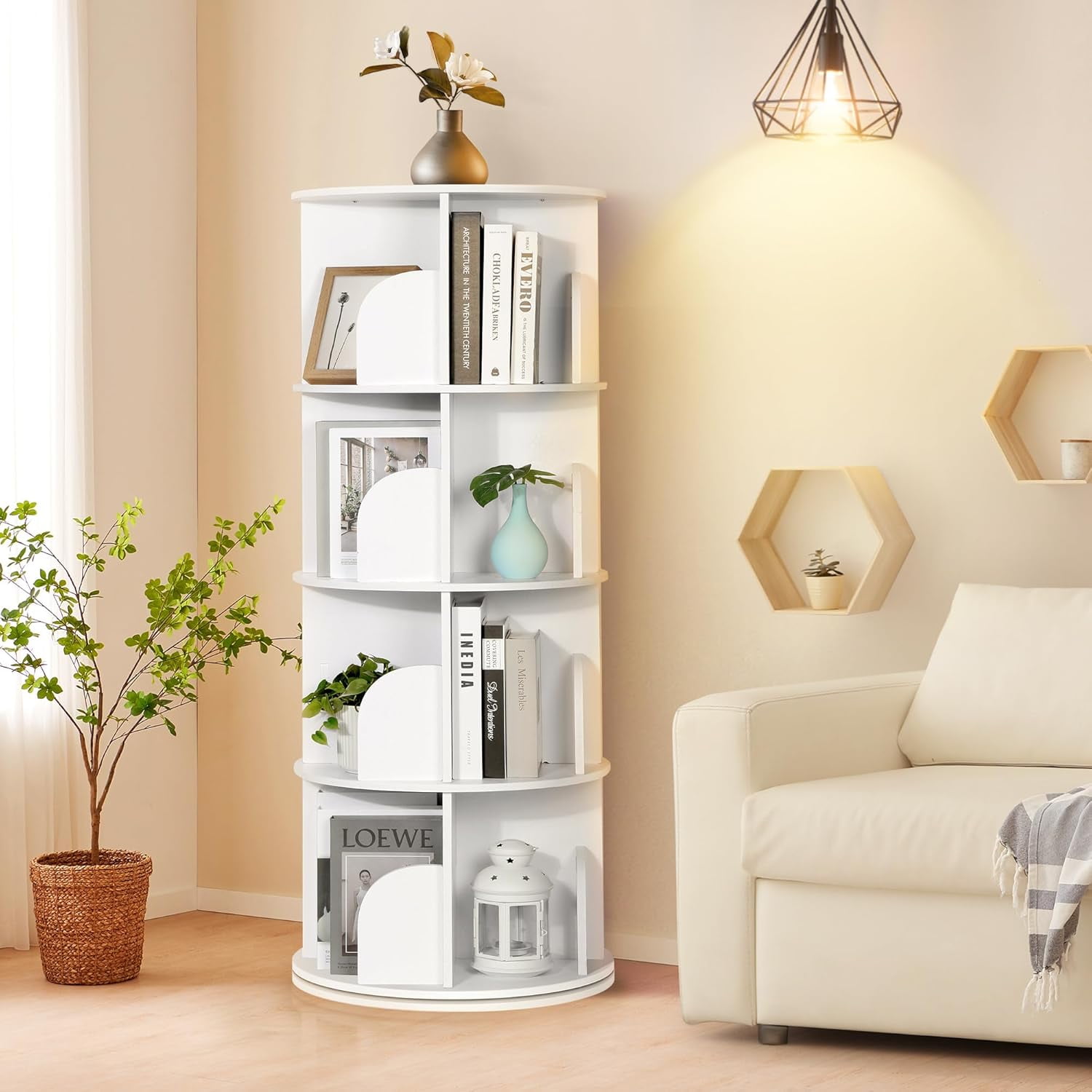 Rengue 4-Tier Rotating Bookshelf Tower, 360° Spinning Bookcase ...