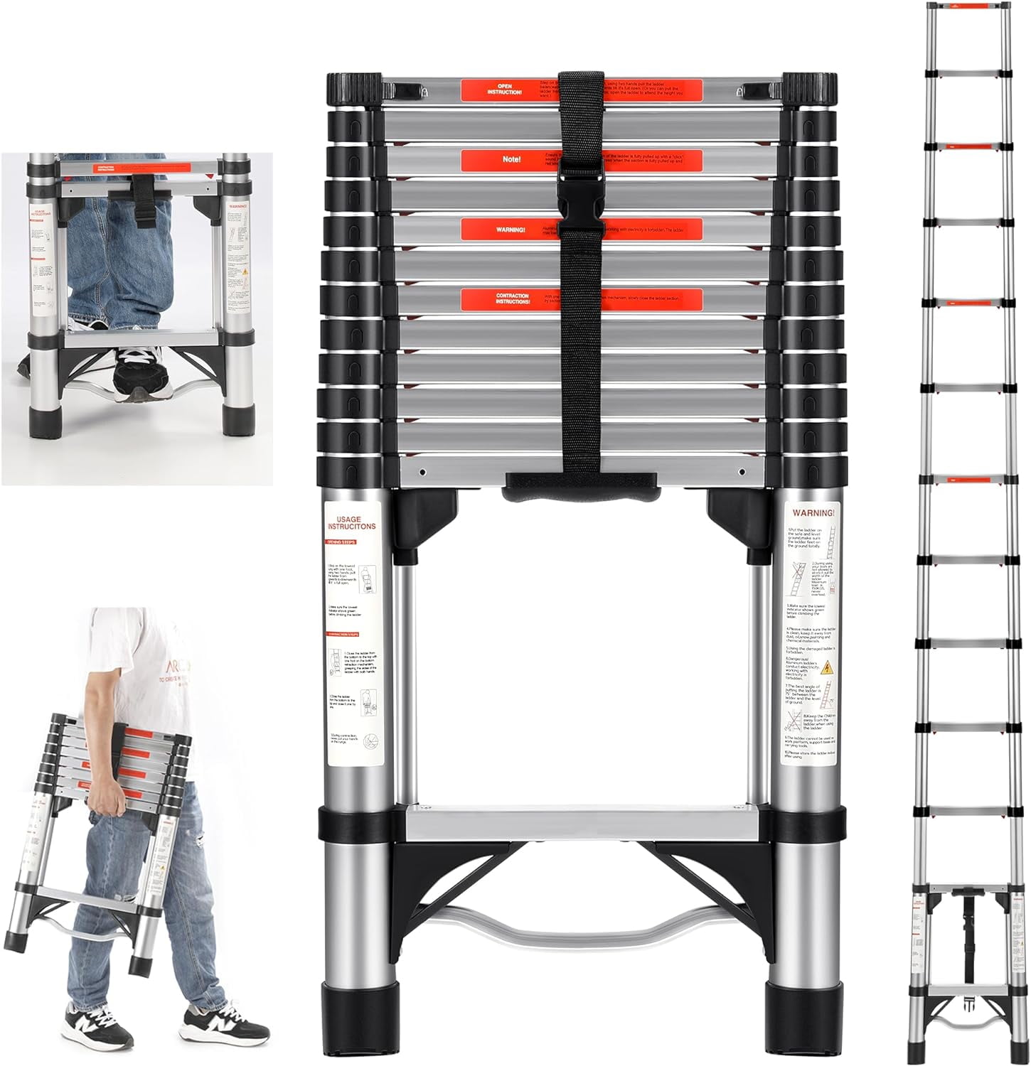 Rengue Telescoping Ladder,12.5 FT One Button Retraction Aluminum ...