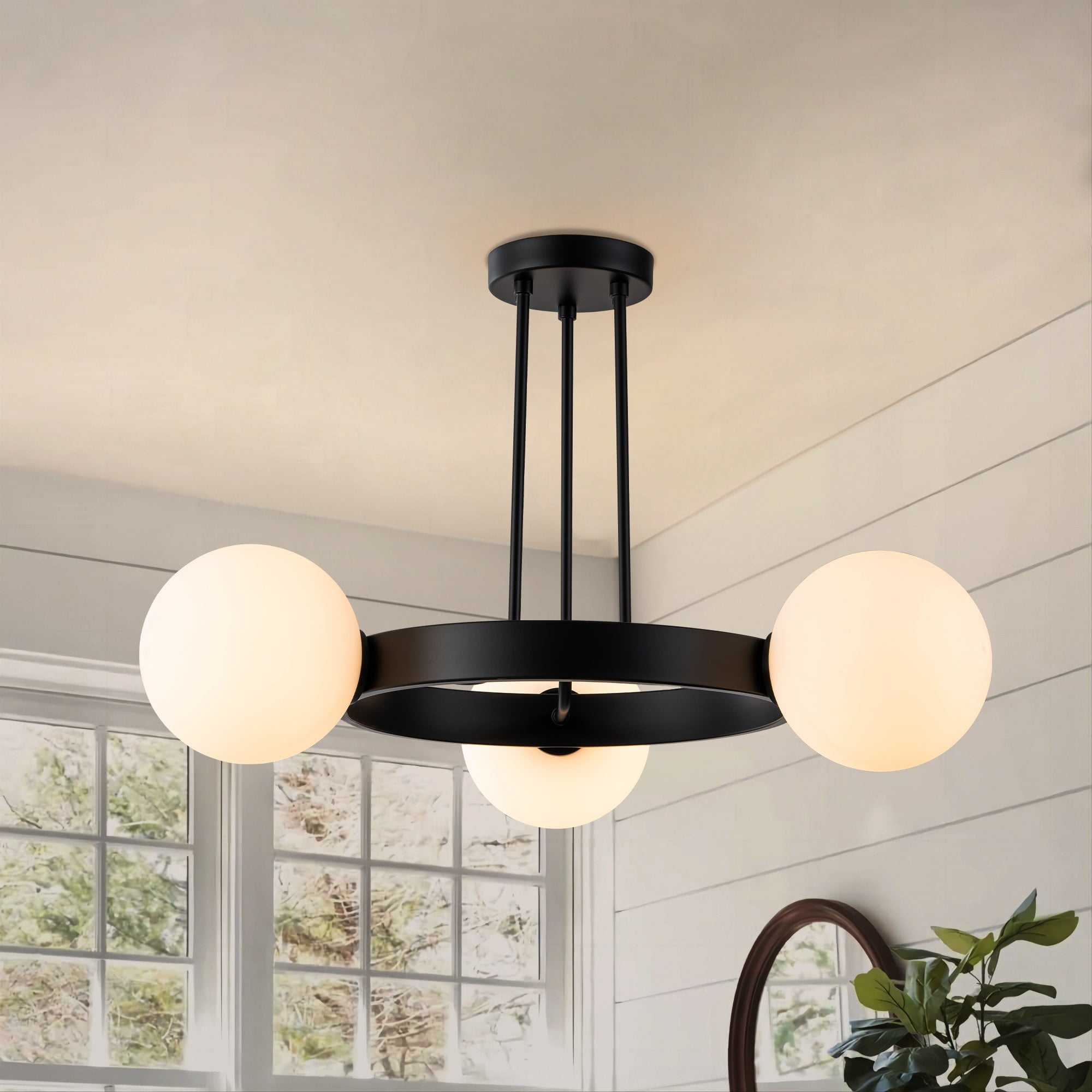 Rennnsan 3-Light Modern Black Wheel Round Frosted Opal Glass Globe ...