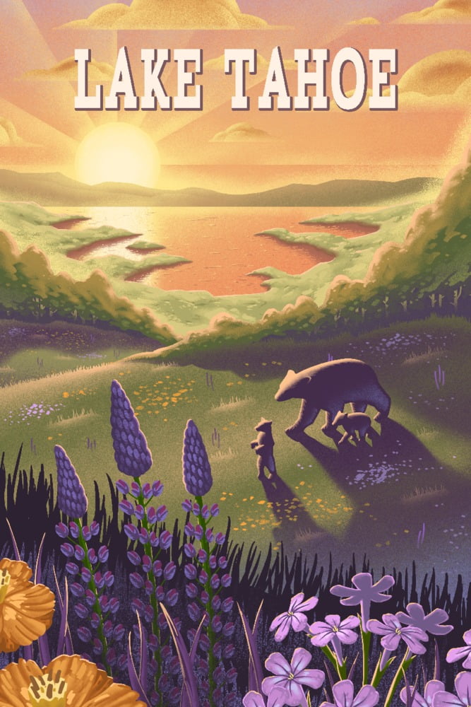 Reno, Nevada, Bear and Spring Flowers, Lithograph (16x24 Giclee Gallery ...