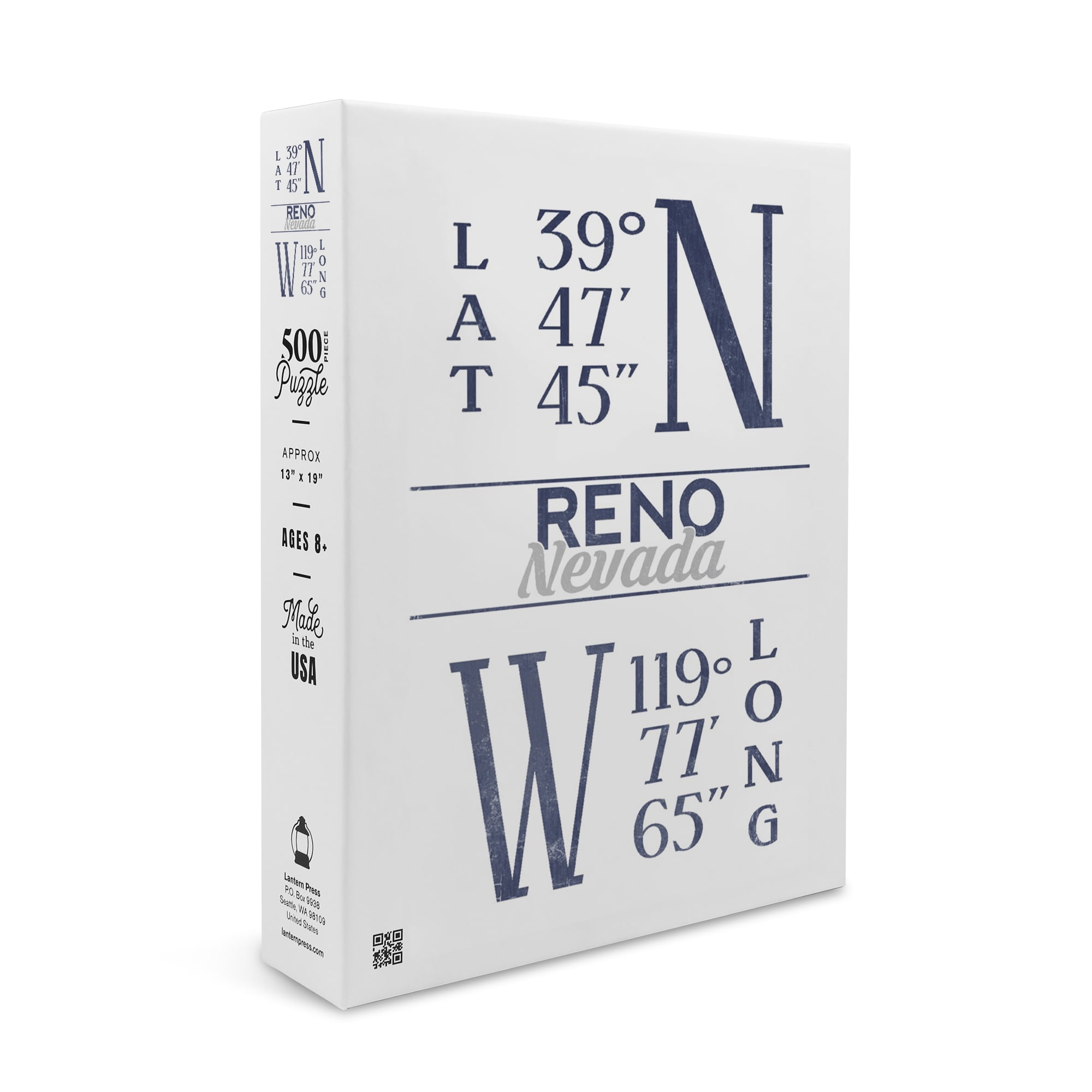 Reno, Nevada, Latitude and Longitude (Blue) (19x27 inches, Premium 500 ...