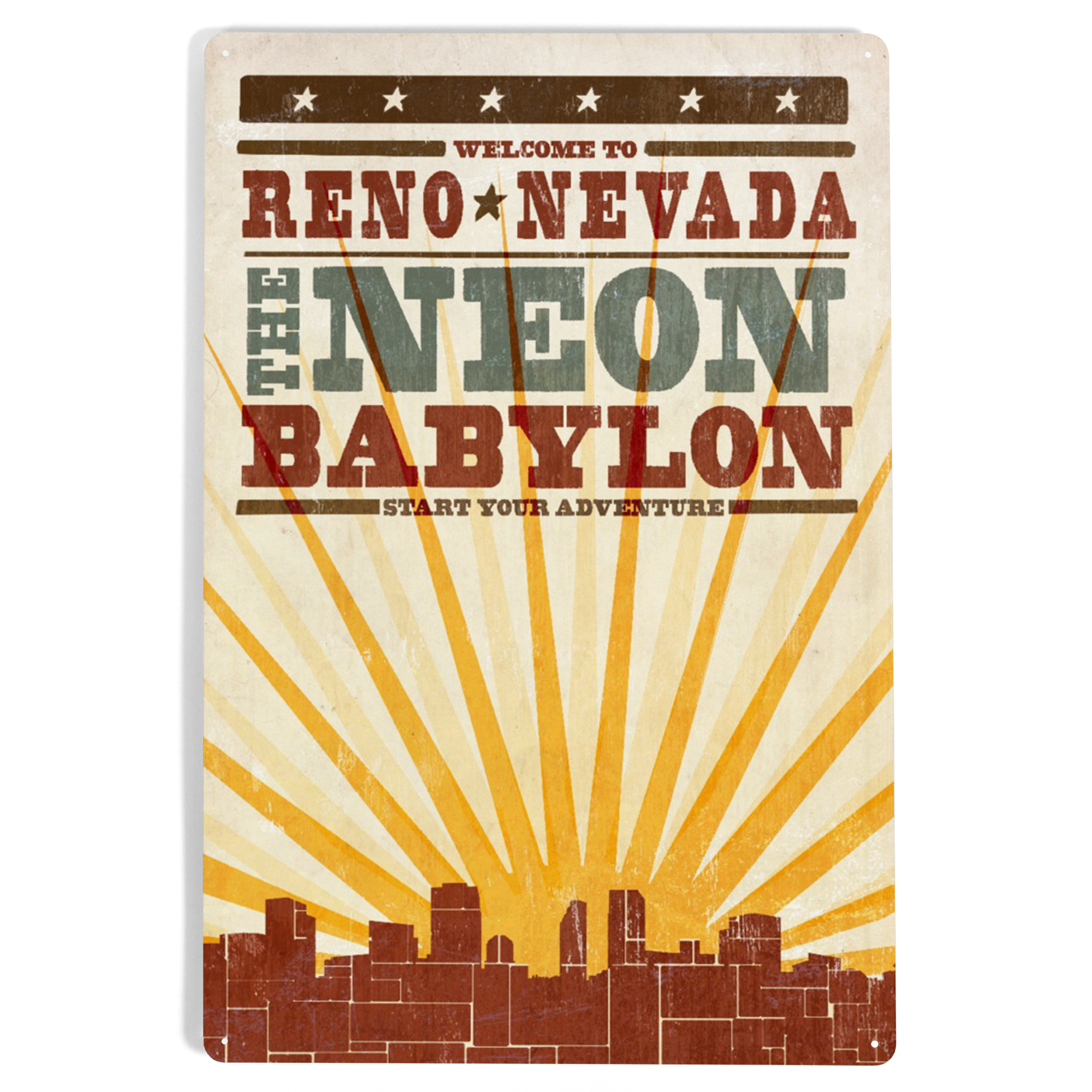 Reno, Nevada, Skyline and Sunburst Screenprint Style (12x18 Aluminum ...