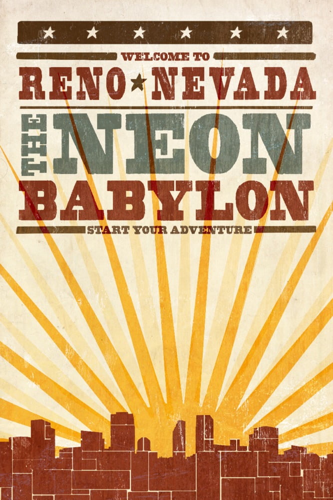 Reno, Nevada, Skyline and Sunburst Screenprint Style (16x24 Giclee ...