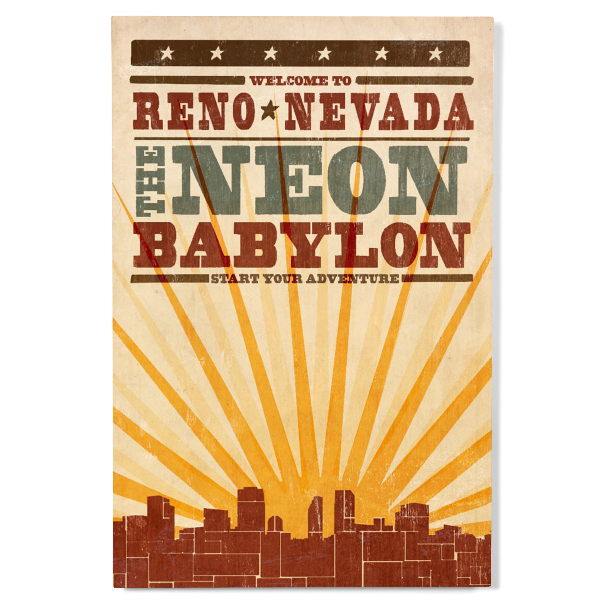 Reno, Nevada, Skyline and Sunburst Screenprint Style Birch Wood Wall Sign (12x18 Rustic Home ...