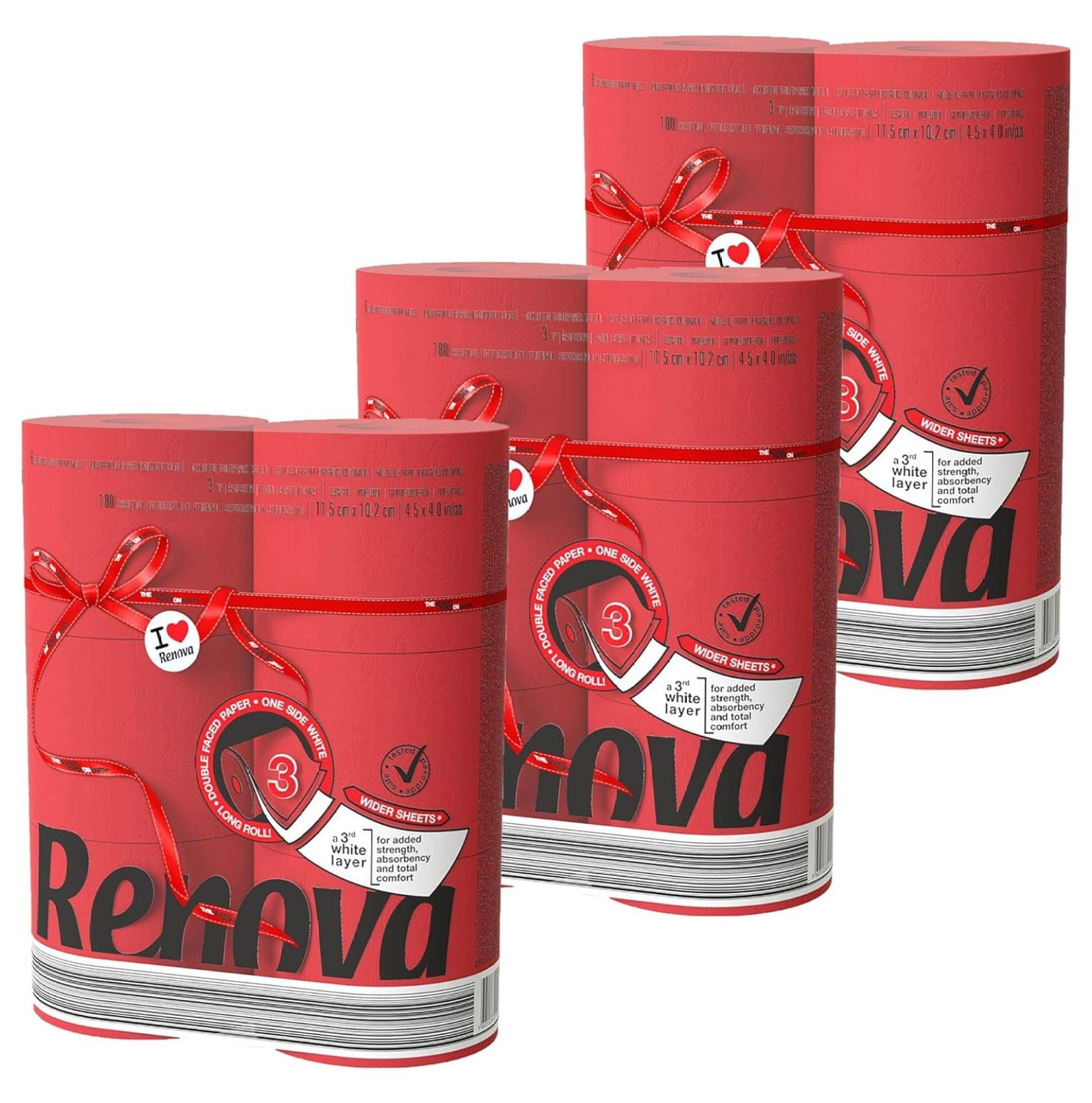 Renova 18 Red Jumbo Rolls- 3 Packs of 6 loo - 180 Sheets Each - 3 Ply ...