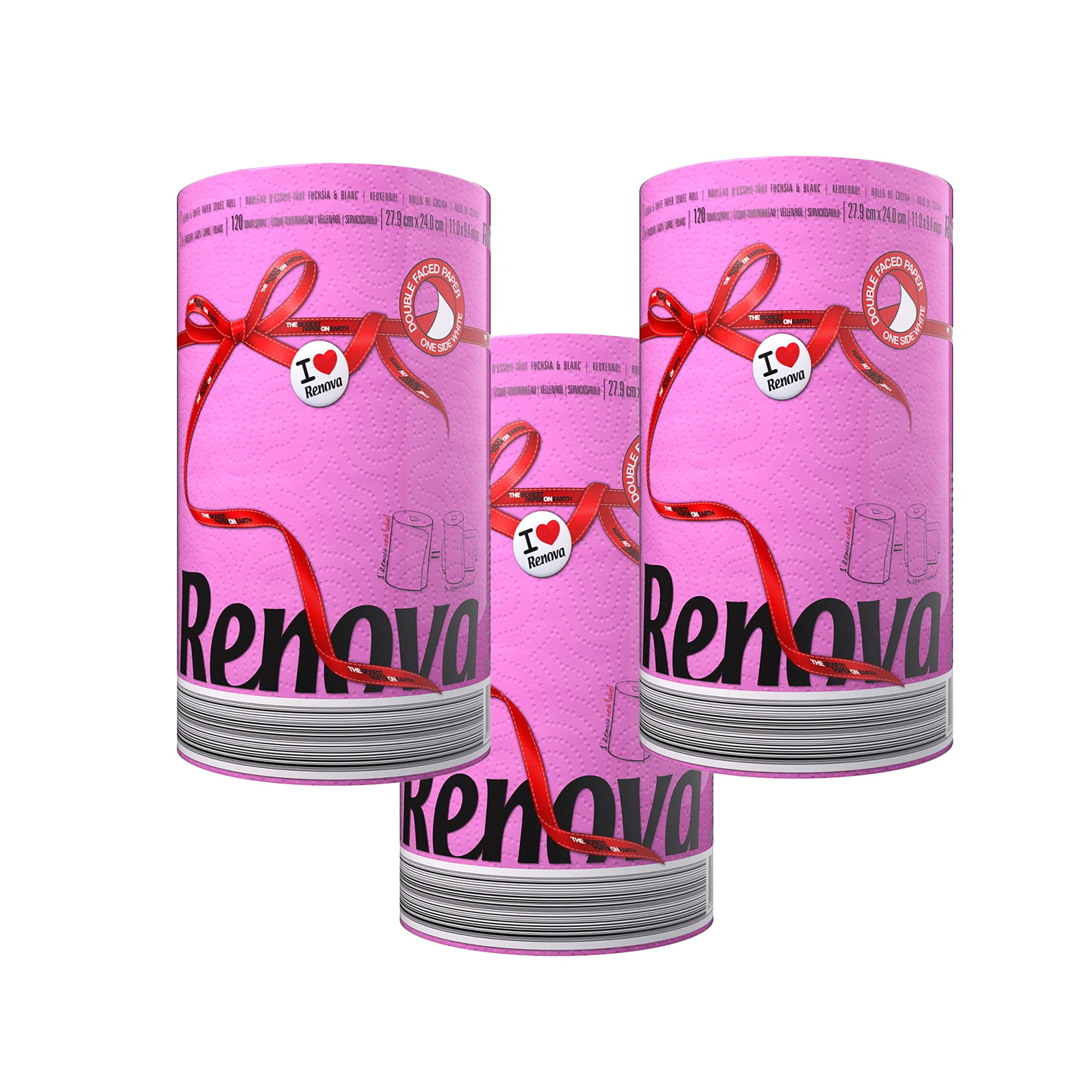 Renova Kitchen Double Strength Pink Paper Towels, 3 Jumbo Rolls, 120 ...