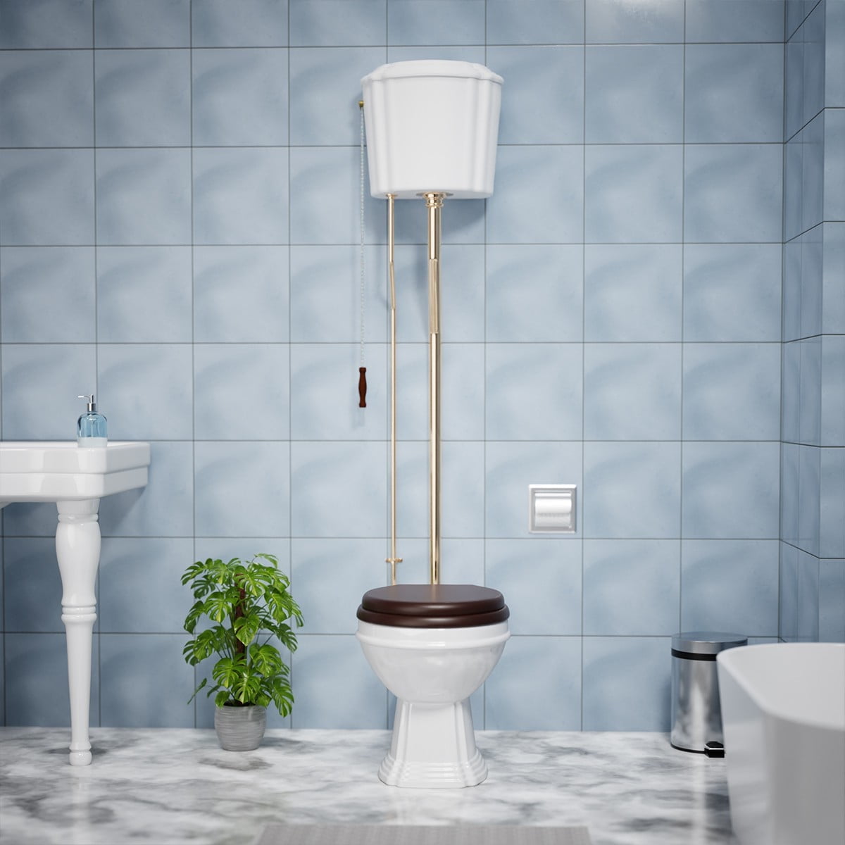 Renovator's Supply White High Tank Toilet with Round Bowl and Brass L ...