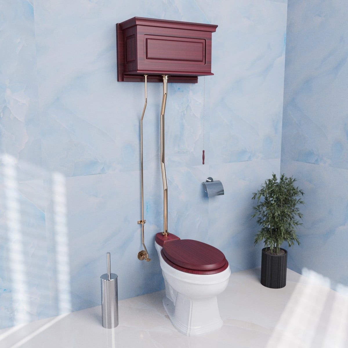 Renovators Supply High Tank Pull Chain Toilet w/Cherry Wooden Raised ...
