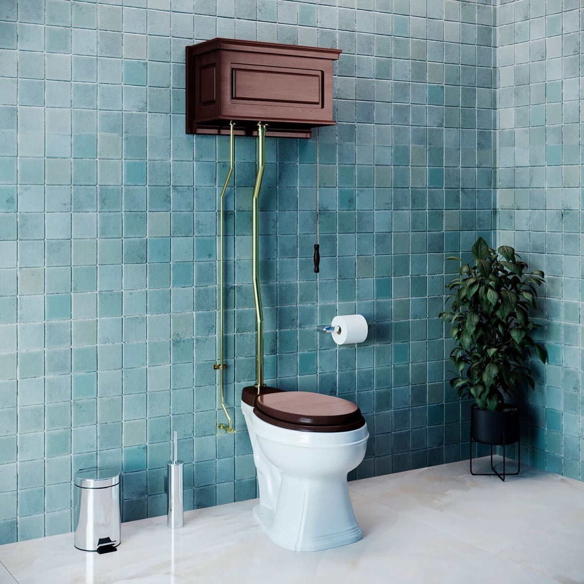 Renovators Supply High Tank Pull Chain Toilet w/Dark Oak Wooden Raised ...