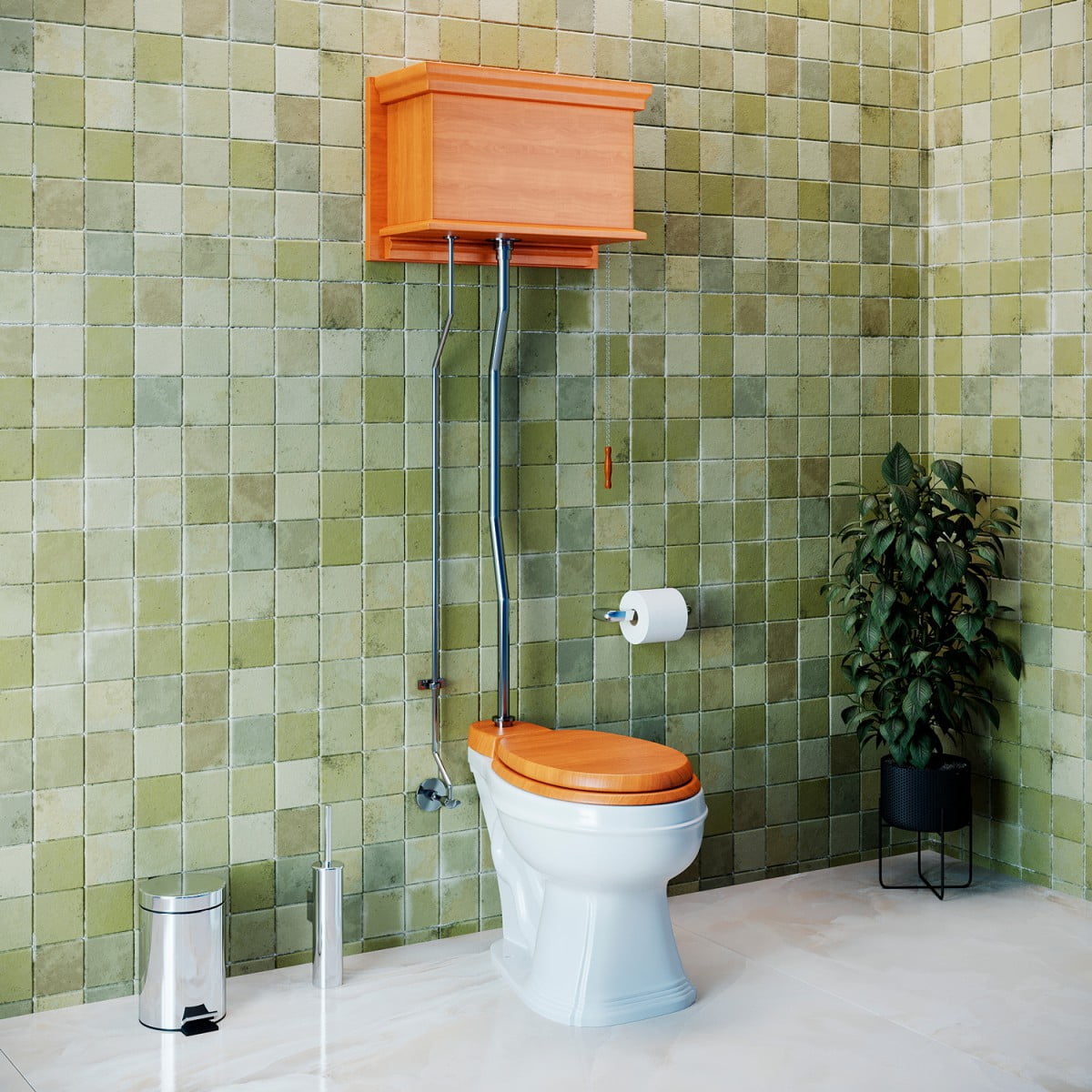 Renovators Supply High Tank Pull Chain Toilet w/Light Oak Wooden Flat ...