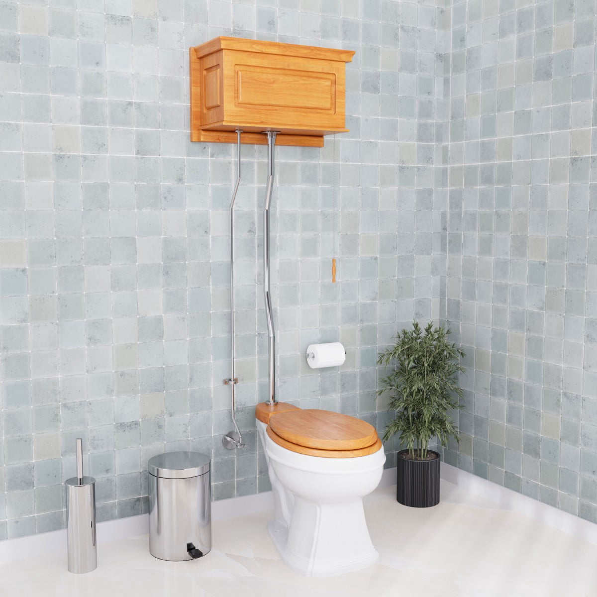 Renovators Supply High Tank Pull Chain Toilet w/Light Oak Wooden Raised ...