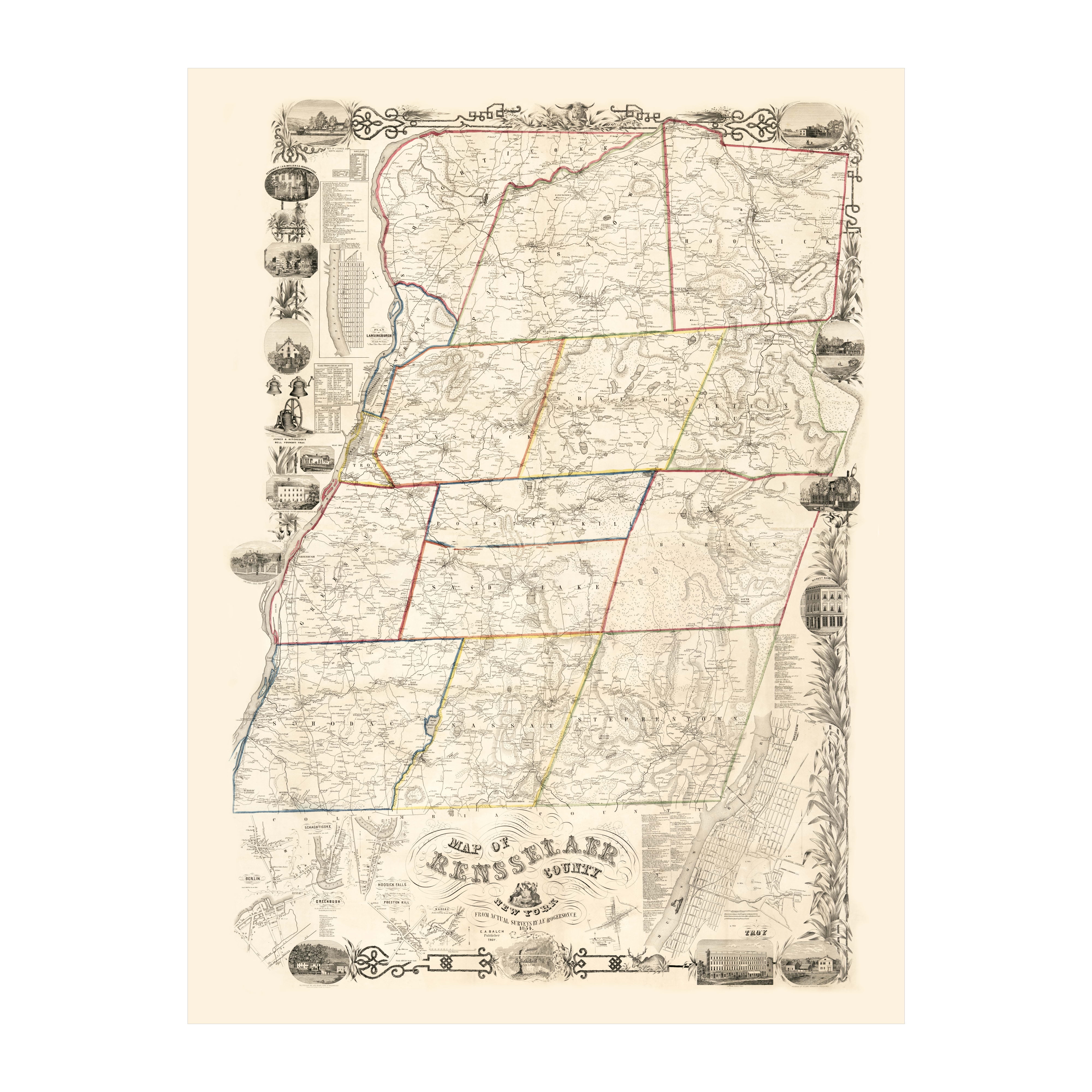 Rensselaer County New York Art, 1854 Vintage Map of Rensselaer County ...