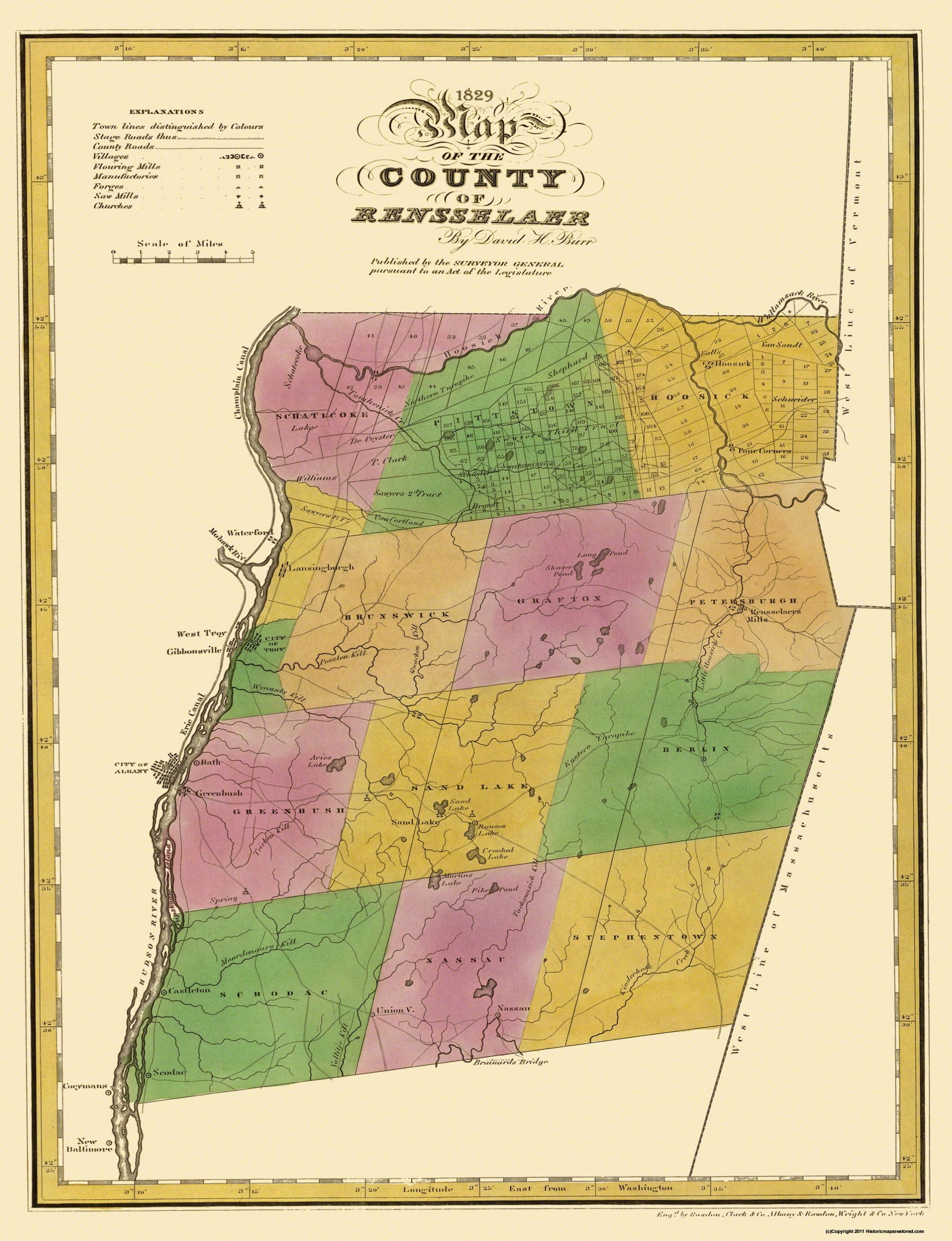 Historic County Map - Rensselaer County New York - Burr 1829 - 23 x 30 ...