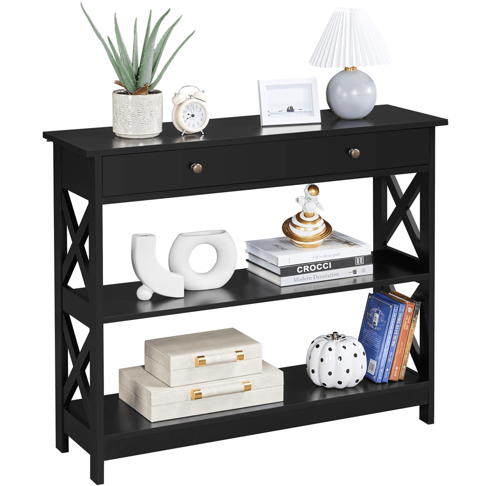 Renwick 3-Tier X-Design Wood Console Table - Black - Walmart.com