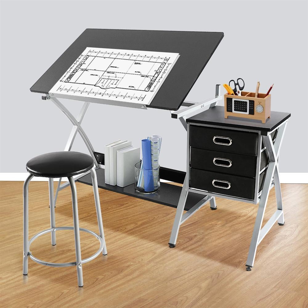 Easyfashion Adjustable Steel Drafting Table with Stool, Black - Walmart.com