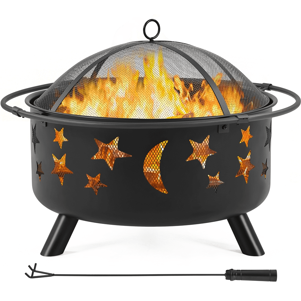 Renwick 30'' Metal Round Fire Pit with Stars Moons Pattern, Black ...