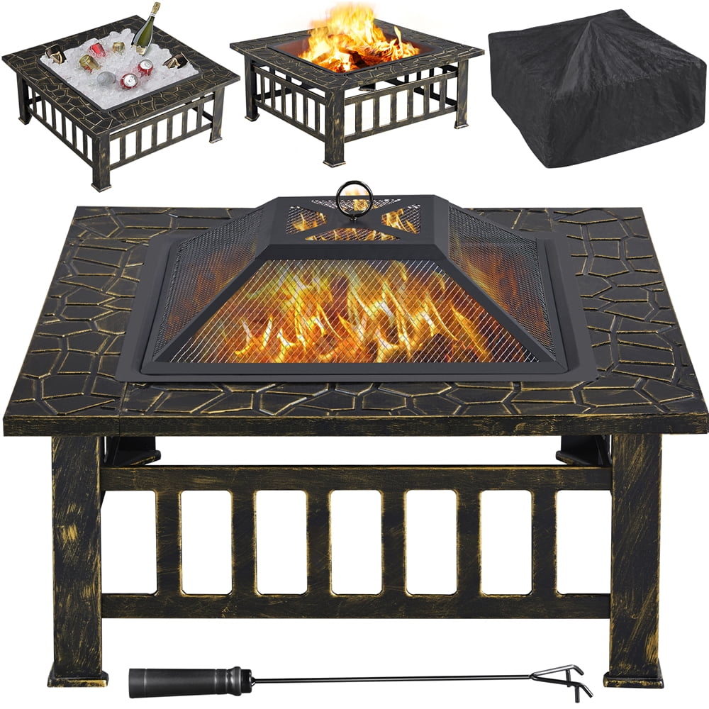Renwick 32'' Outdoor Square Metal Fire Pit with Cover & Poker, Bronze ...