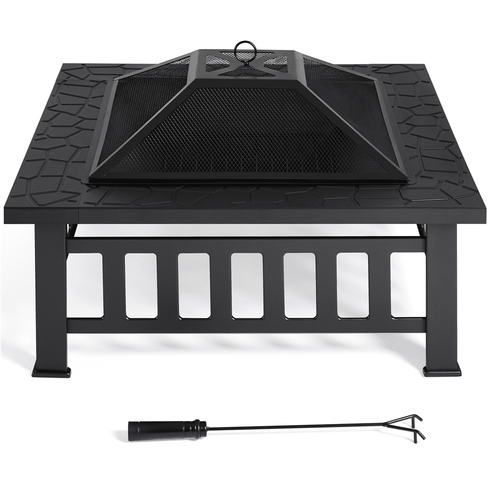 Renwick 34'' Outdoor Square Metal Fire Pit with Cover & Poker, Black ...