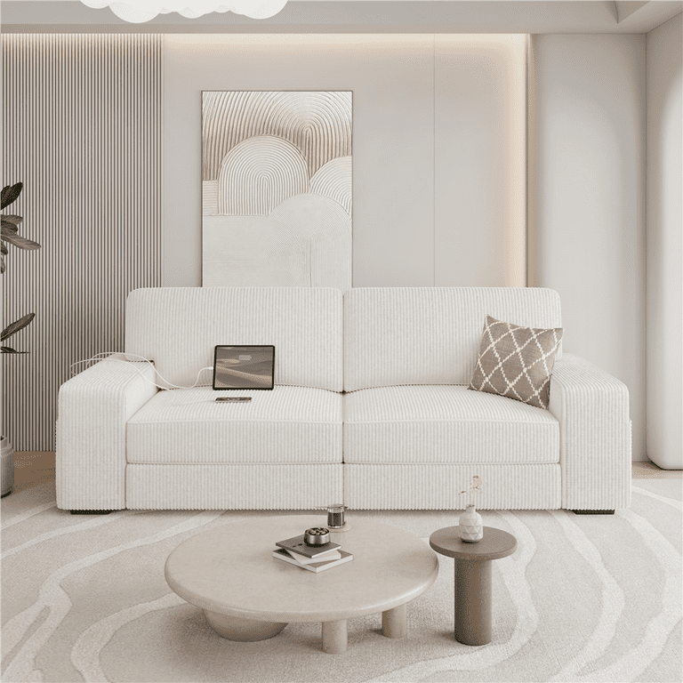 Renwick 83.5 W 2 Seater Modern Corduroy Fabric Sofa Couch with USB Charging Ports Ivory