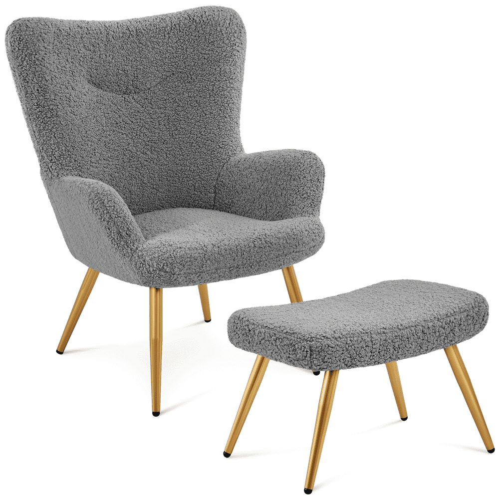 Renwick Boucle Accent Chair and Ottoman Set with Golden Metal Legs ...