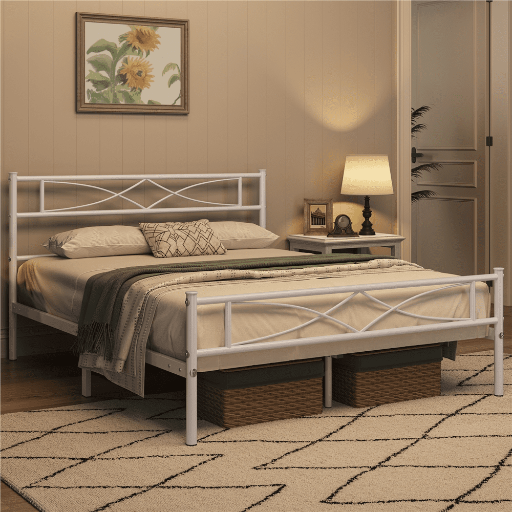 Renwick Full Size White Metal Bed with Iron Frame and Julian Curved ...