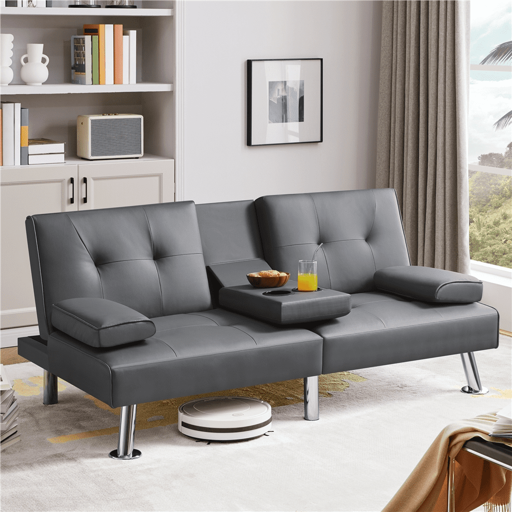 Renwick Modern Faux Leather Convertible Futon Sofa Bed with 2 Throw ...
