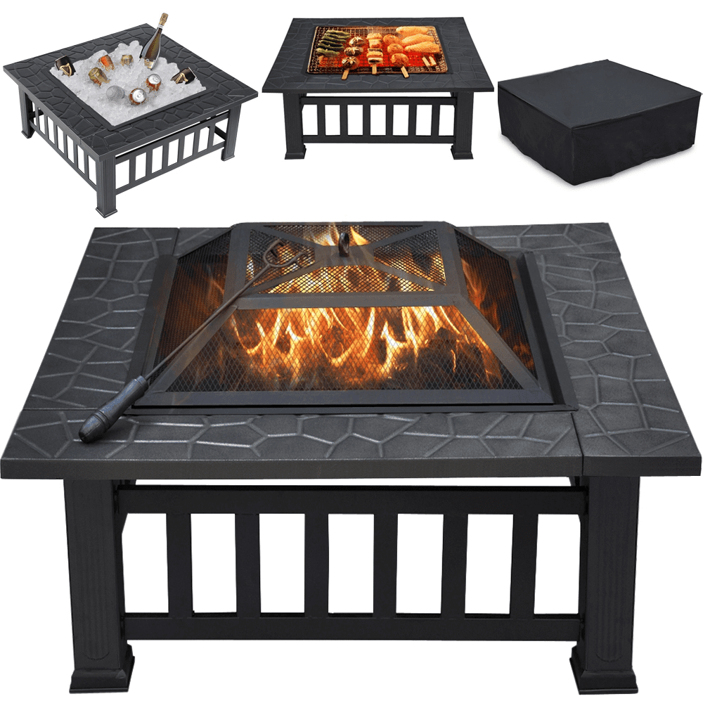 Renwick Outdoor 32'' Square Metal Fire Pit with Cover and Poker, Black ...