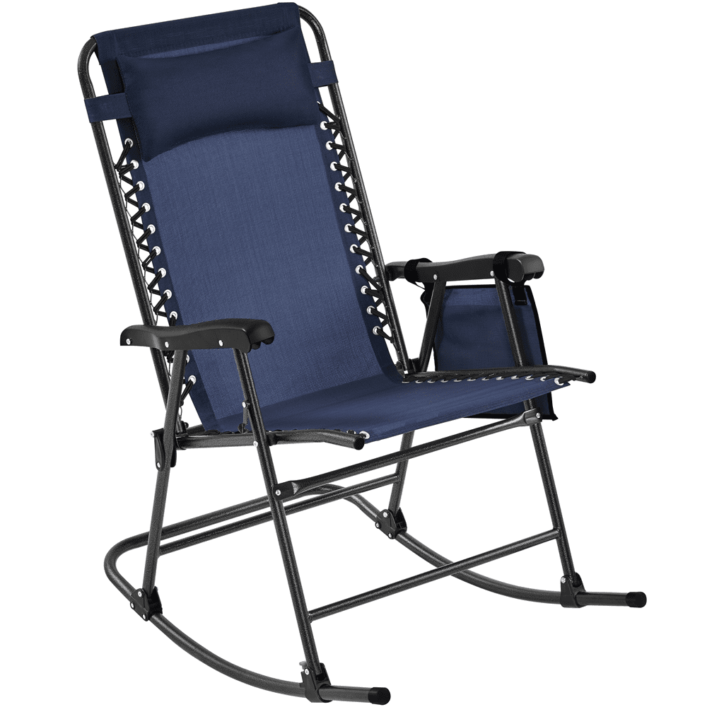 Renwick Outdoor Foldable Rocking Chair with Headrest Pillow, Navy Blue ...