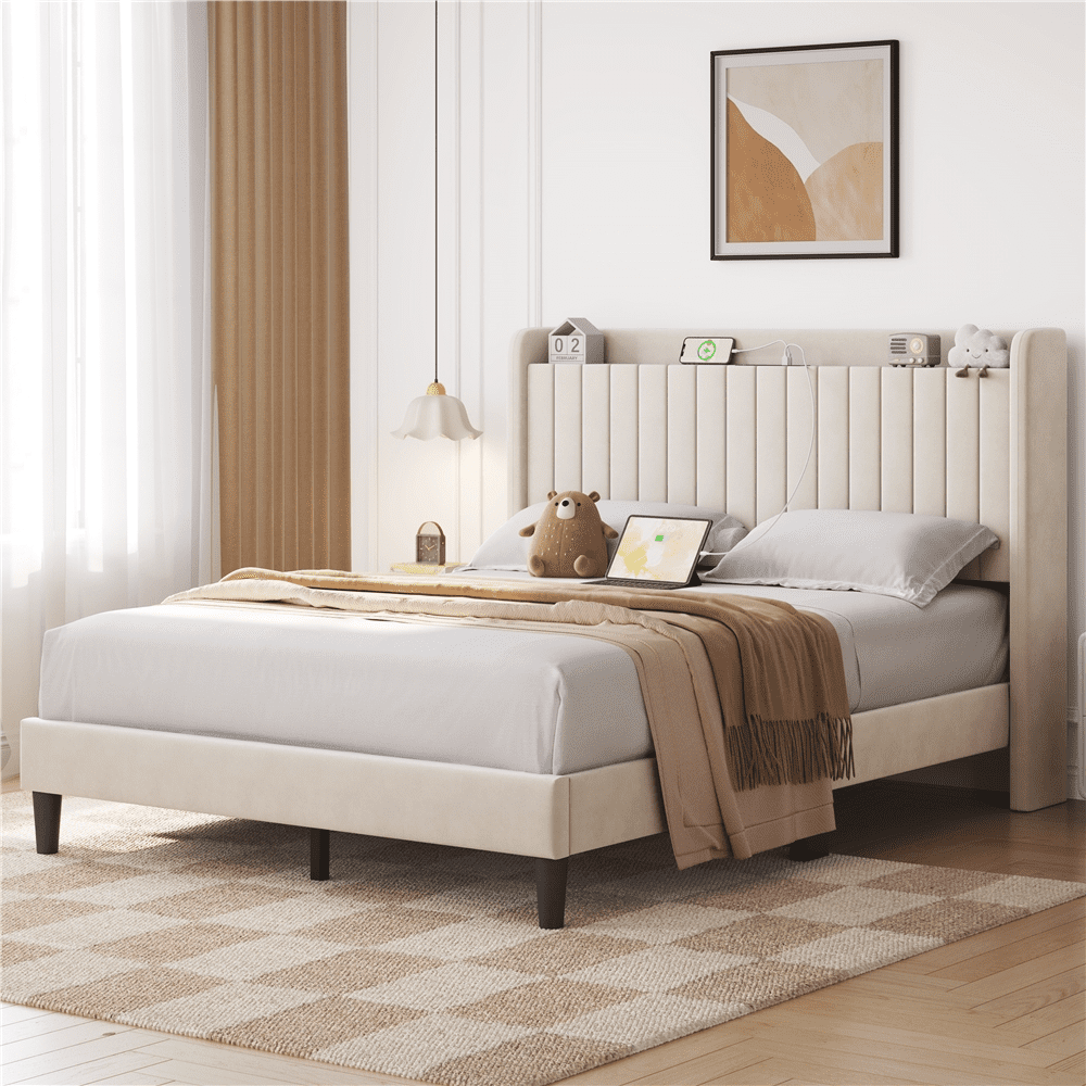 Renwick Velvet Bed Frame - Queen Size with Storage Headboard - Walmart.com