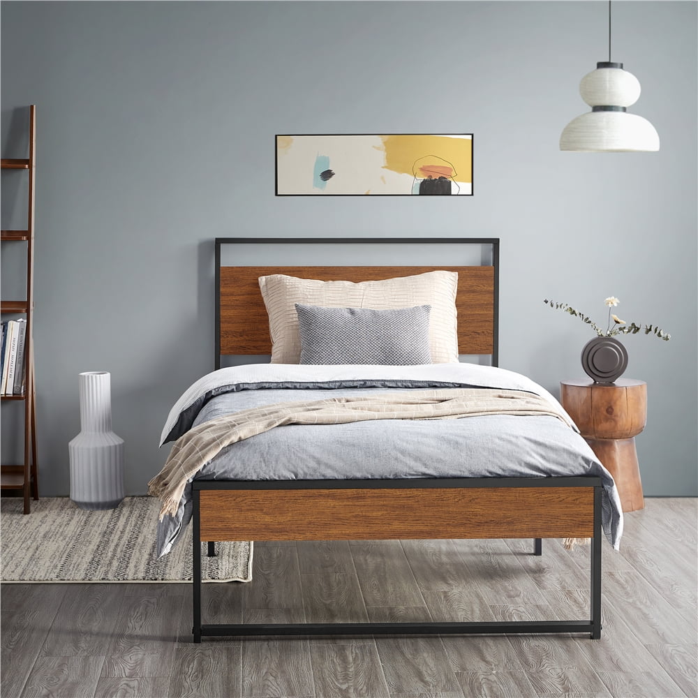 Renwick Rustic Metal Frame Base Platform Bed with Slat Support, Walnut ...