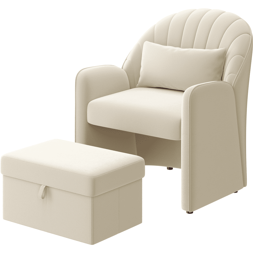 Renwick Upholstered Velvet Barrel Accent Chair with Footrest, Beige ...