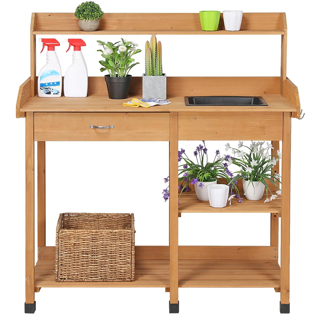 Renwick Wooden Potting Bench with Removable Sink Drawer, Oak - Walmart.com