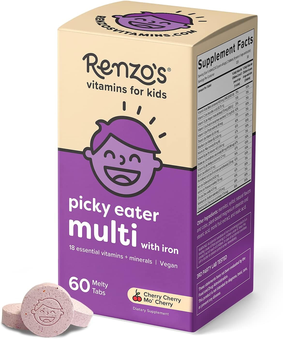 Renzo's Picky Eater Kids Multivitamin with Iron for Immune Support, 60 Tablets, Cherry Flavor ...