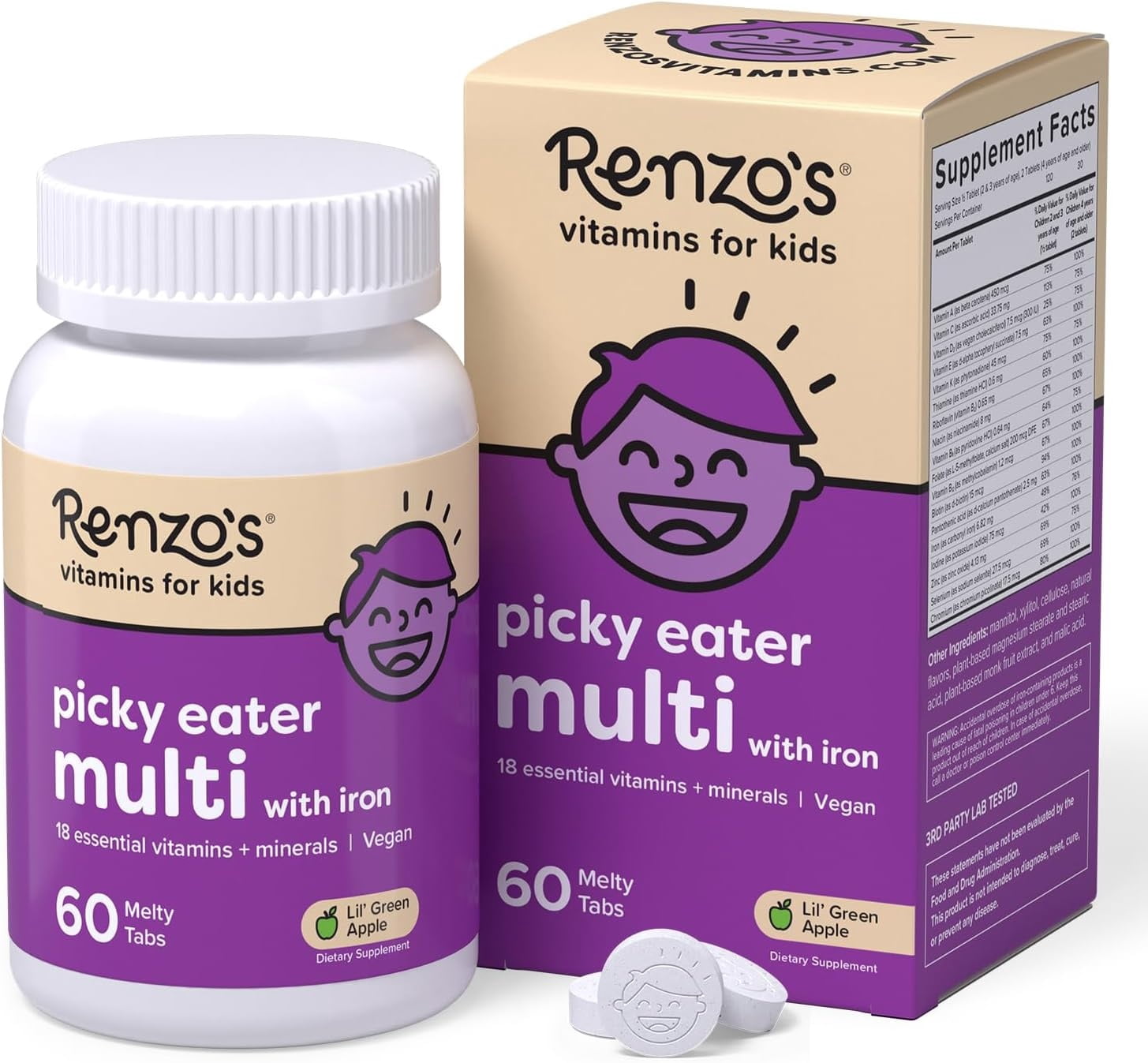 Renzo's Picky Eater Multivitamin, Sugar-Free, Green Apple Flavor, Vegan ...