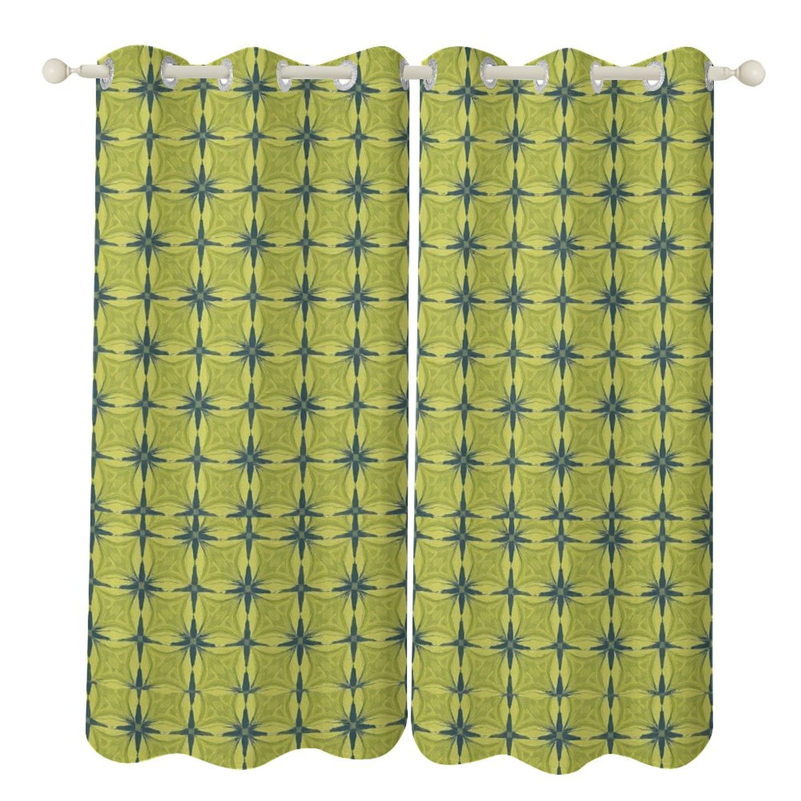 Repeating Yellow Green Geometric Pattern Design 2 Pieces Window Drape ...