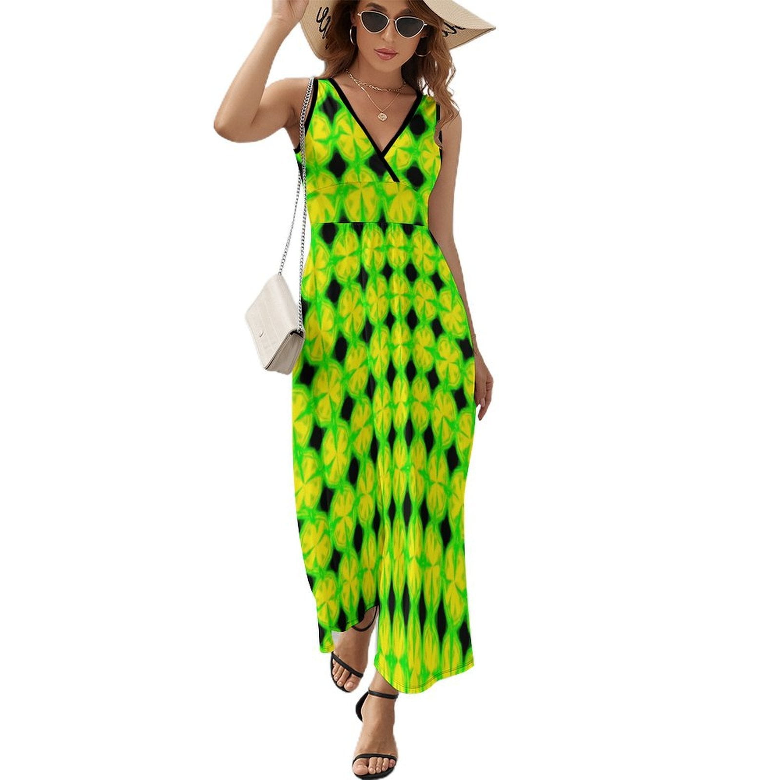 Repeating Yellow Green Pattern Dress Fashion Boho Beach Long Dresses ...
