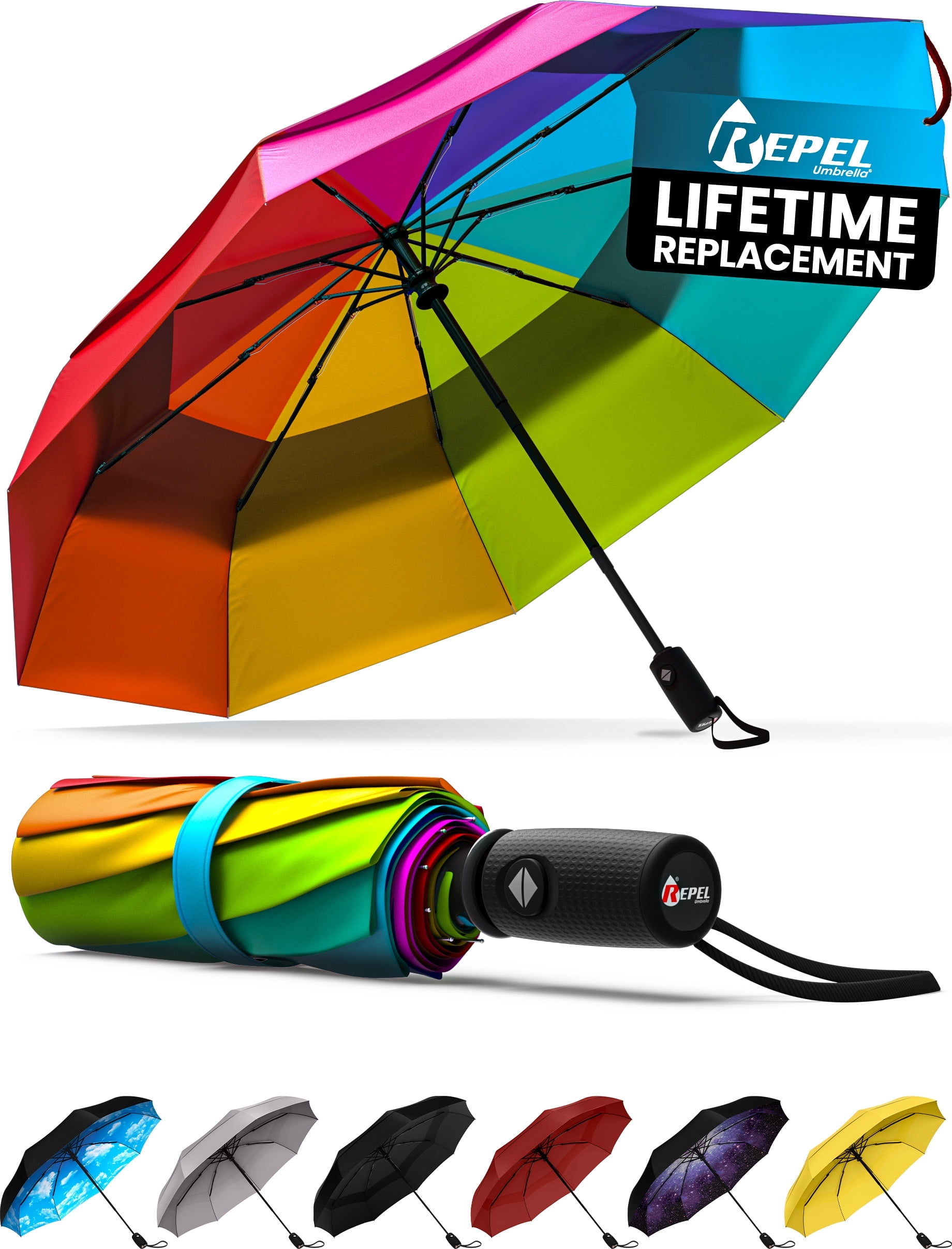 Repel Umbrella, Windproof Travel Umbrella, Compact Mini UV Umbrella, Double-Vented Canopy ...