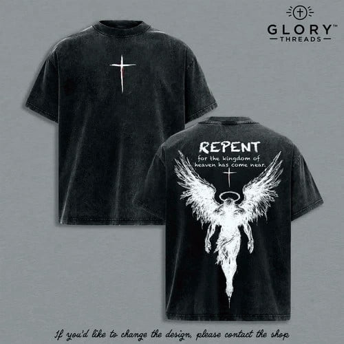 Repent Vintage Graphic Angel Wings Biblical Prophecy Faith Christian T ...