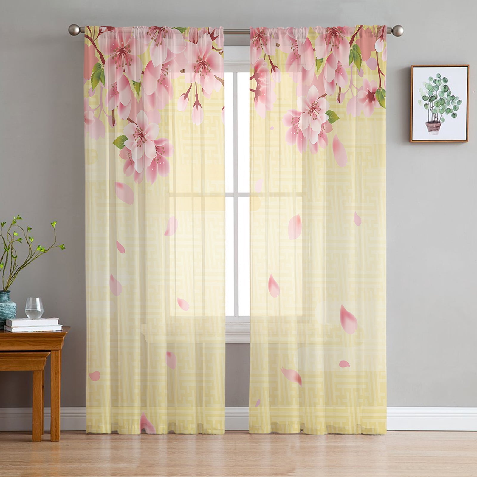 Repetitive Beautiful Girl Pink Cherry Blossom Sheer Window Curtains for ...