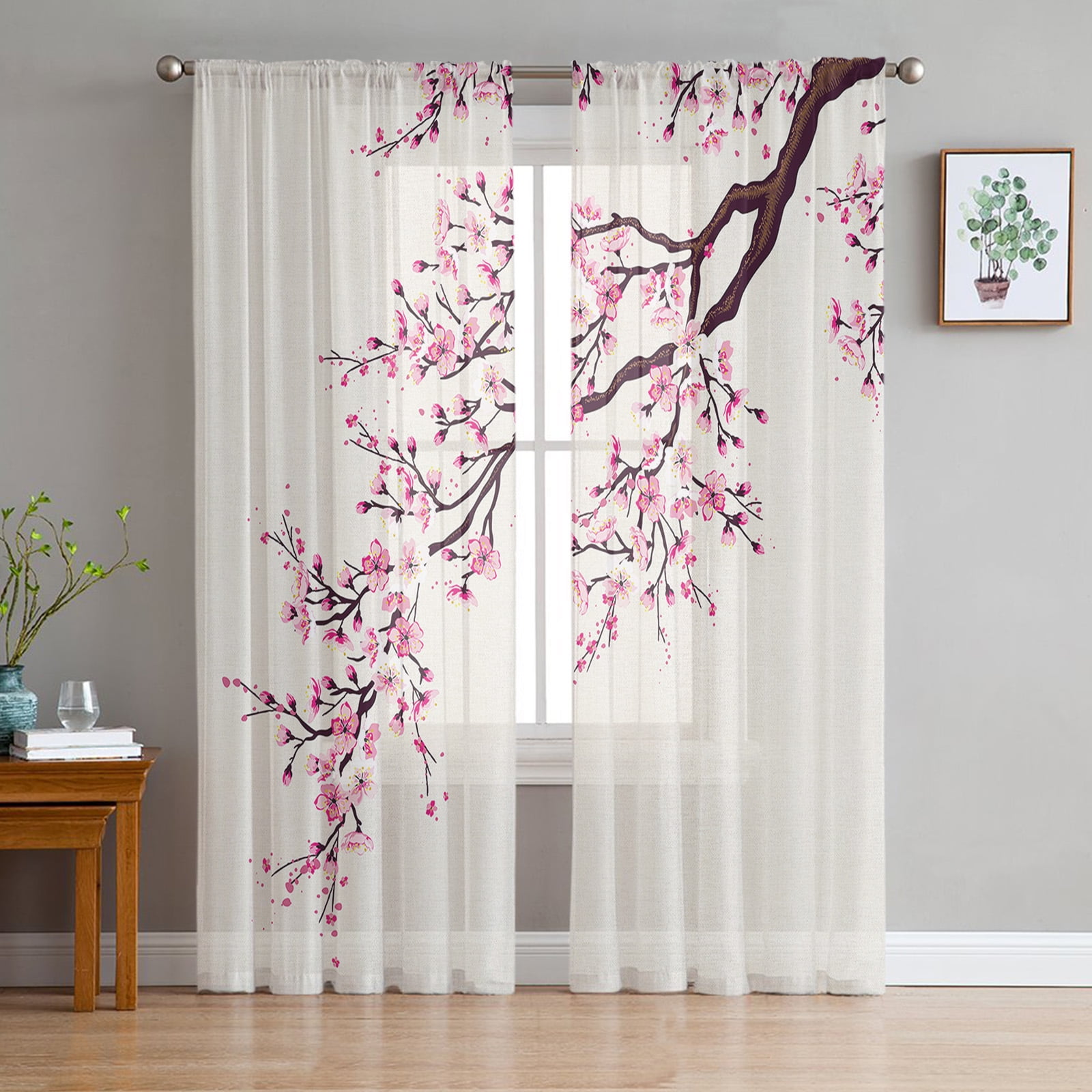Repetitive Beautiful Girl Pink Cherry Blossom Sheer Window Curtains for ...
