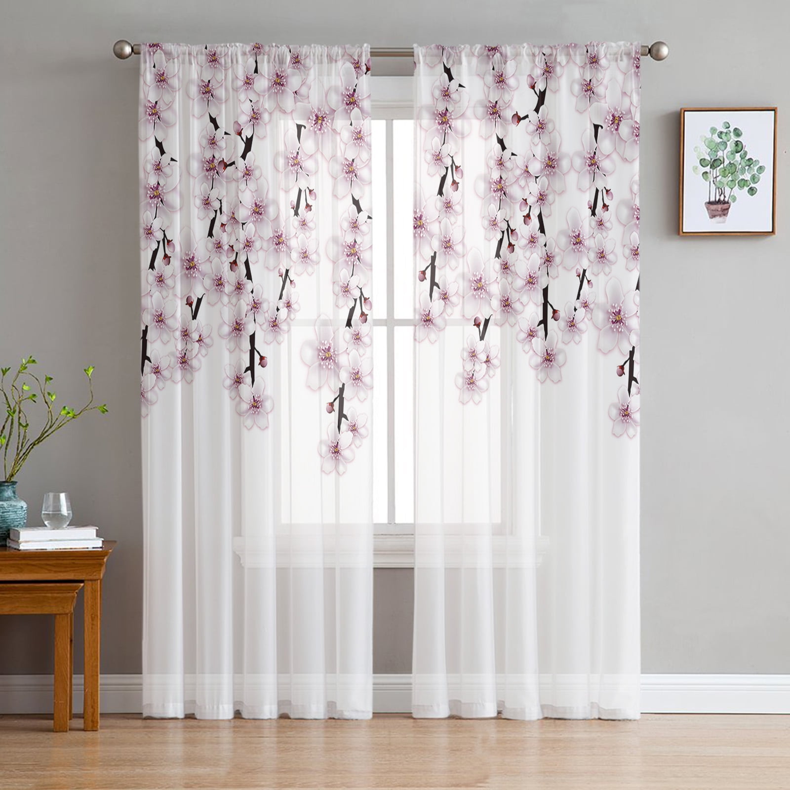 Repetitive Beautiful Girl Pink Cherry Blossom Sheer Window Curtains for ...