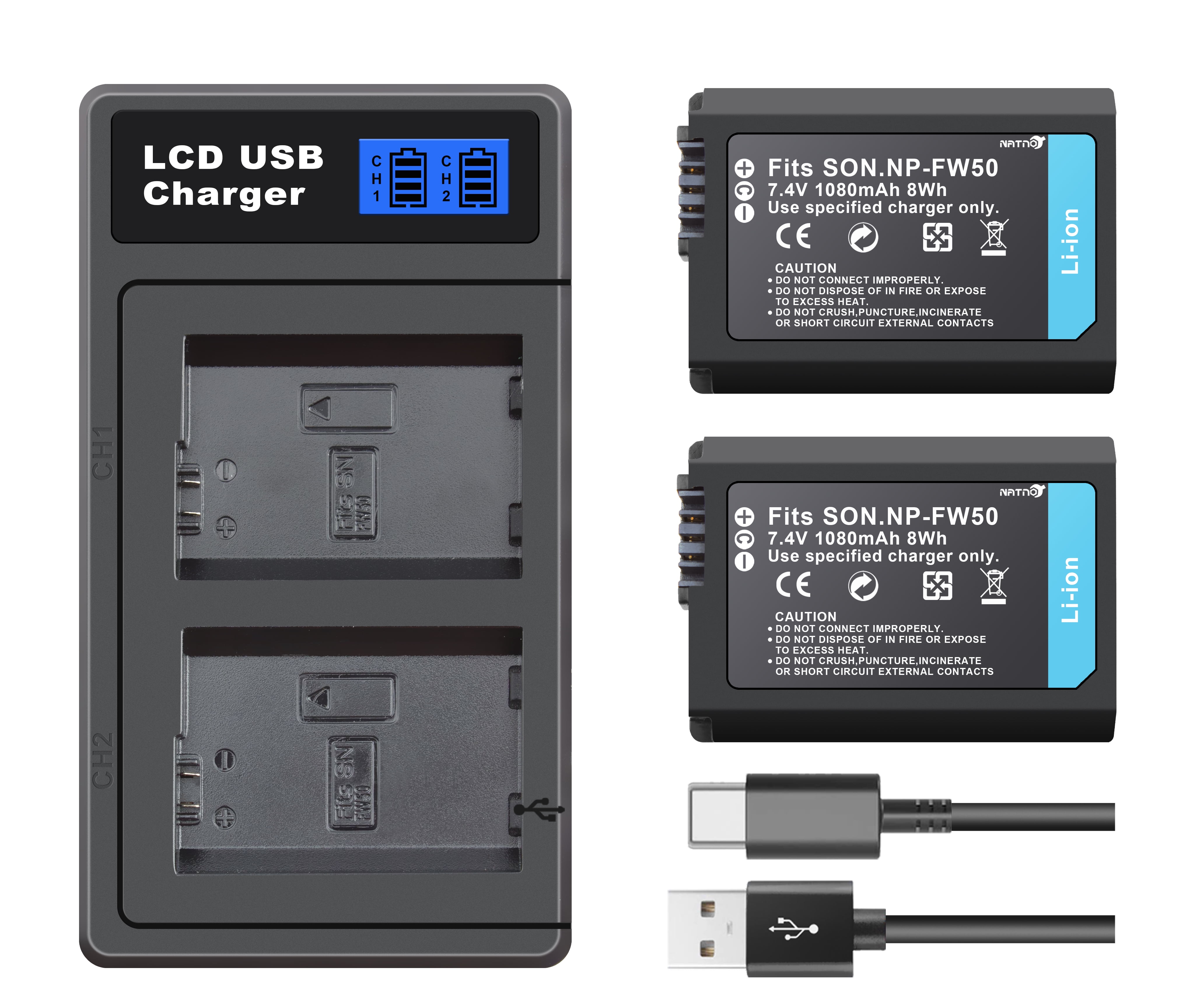 Replacement 2 Pack NP-FW50 Camera Battery Charger Kit with USB Cord for ...